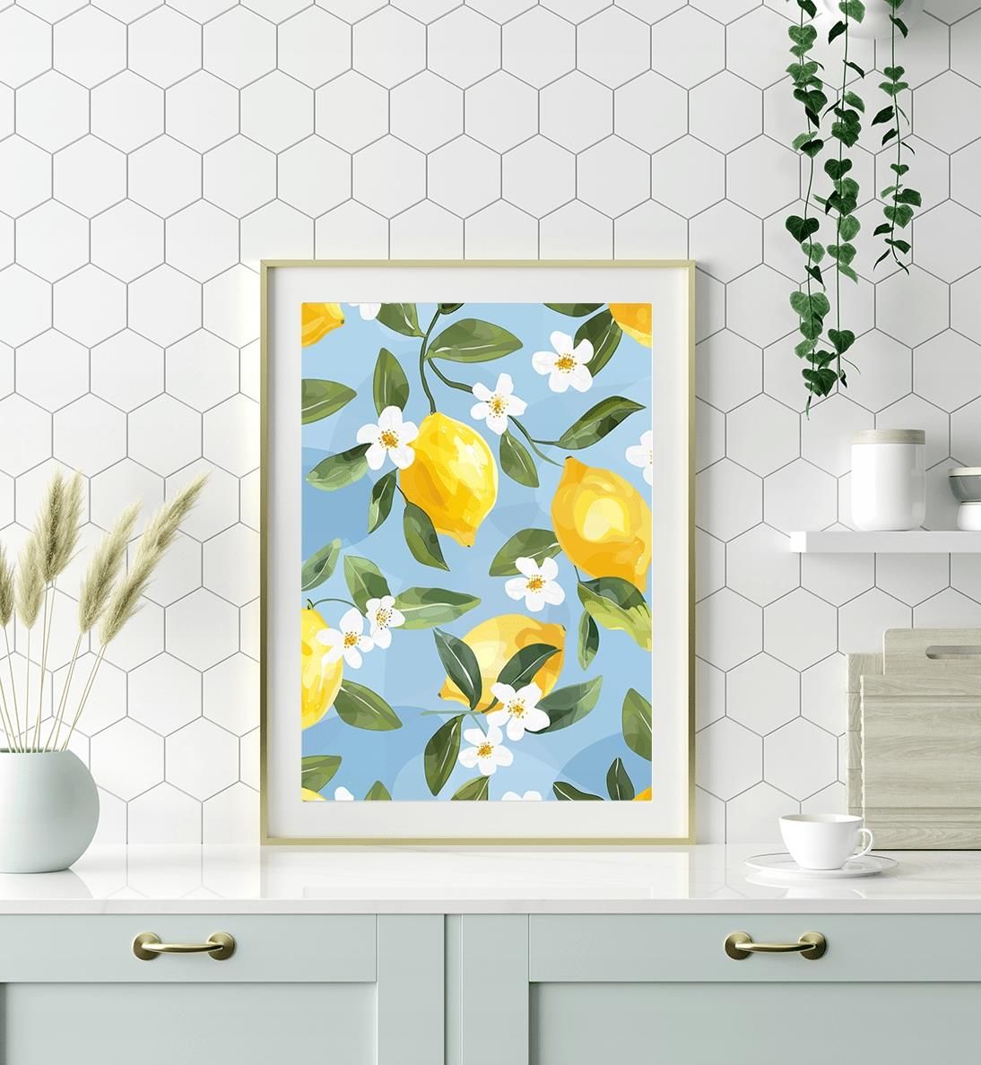 Plakat botaniczny cytryny i kwiaty – pastelowe tło, vintage kuchnia ...