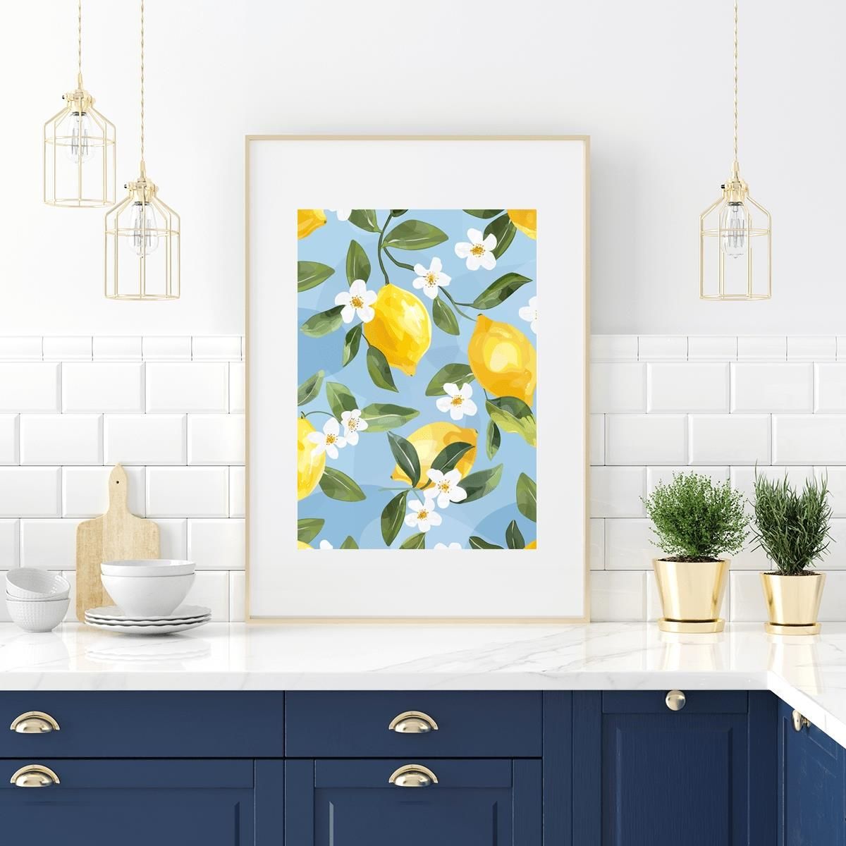 Plakat botaniczny cytryny i kwiaty – pastelowe tło, vintage kuchnia ...