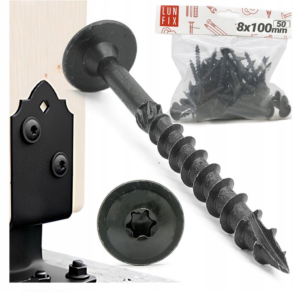 Lun Fix Wkręty Ciesielskie Czarny Ocynk Do Podstaw Słupa 8x100 Podkładkowe Torx x50 - Opinie i ...