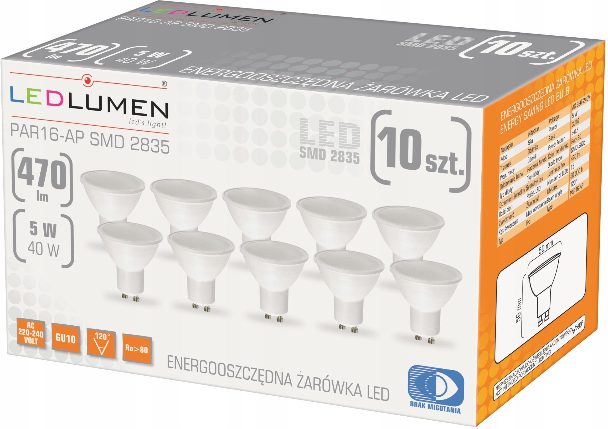Ledlumen Zestaw 10X Żarówka Led Gu10 5W=40W 470Lm Premium Nie Mruga Neutralna 4000K (Zes000256B ...