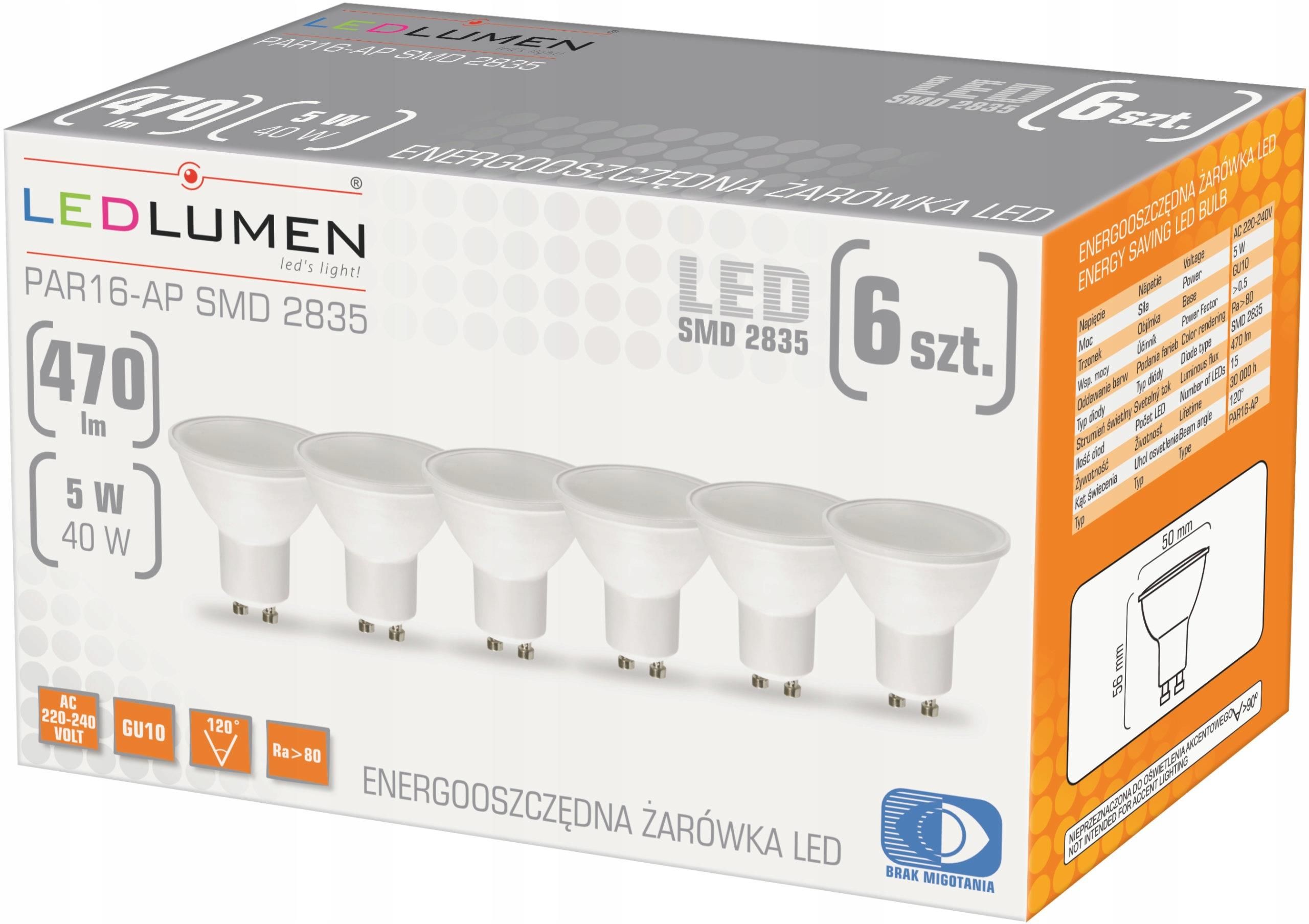 Ledlumen Zestaw 6X Żarówka Led Gu10 5W=40W 470Lm Premium Neutralna 4000K (Zes000146B) - Opinie i ...