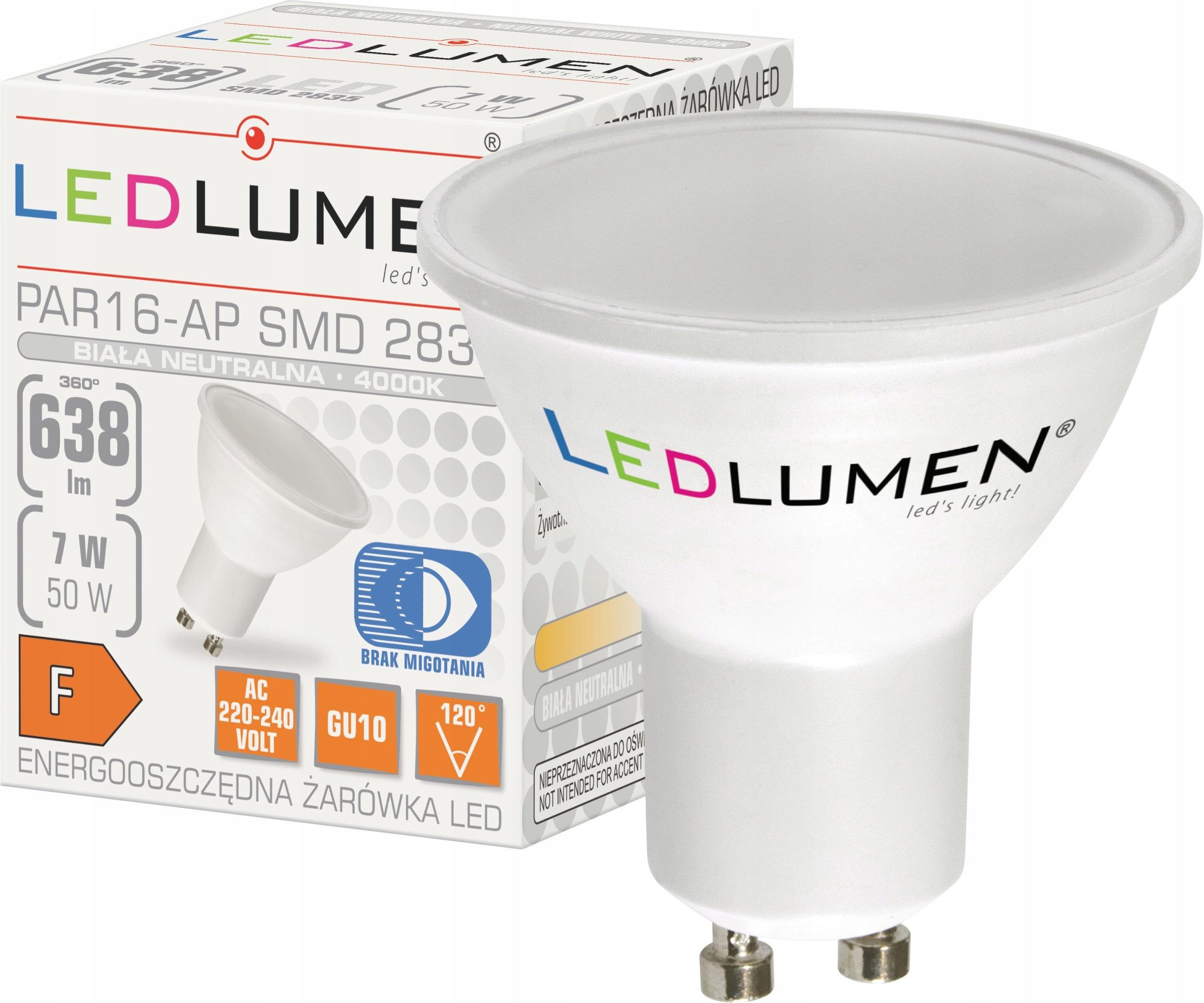 Ledlumen Zestaw 10X Żarówka Led Gu10 7W=50W 638Lm Premium Nie Mruga Neutralna 4000K (Zes000257B ...