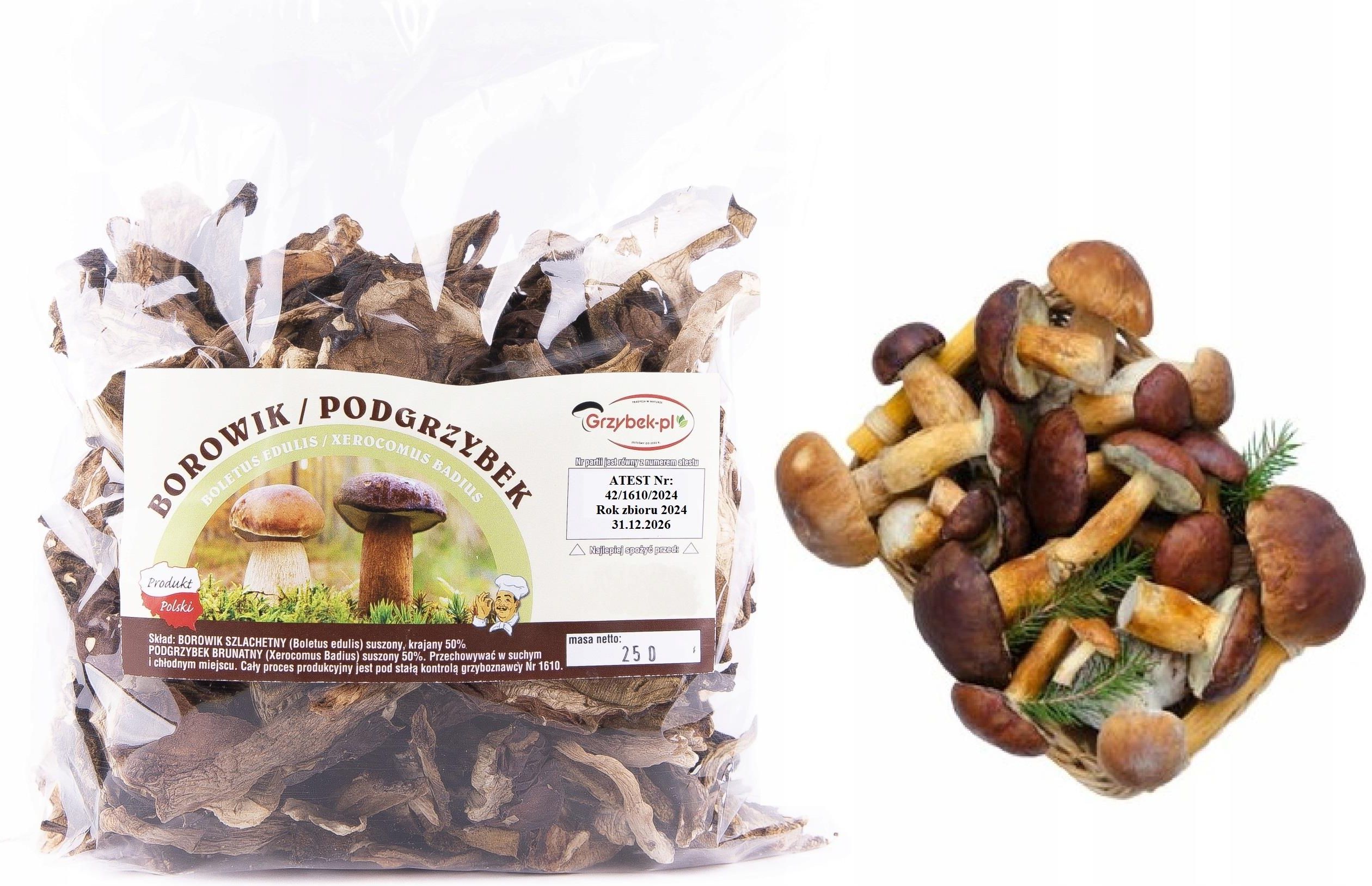 Grzybek Podgrzybek+Borowik Krojony 250g Polski Atest 2024 Nowy Zbiór ...