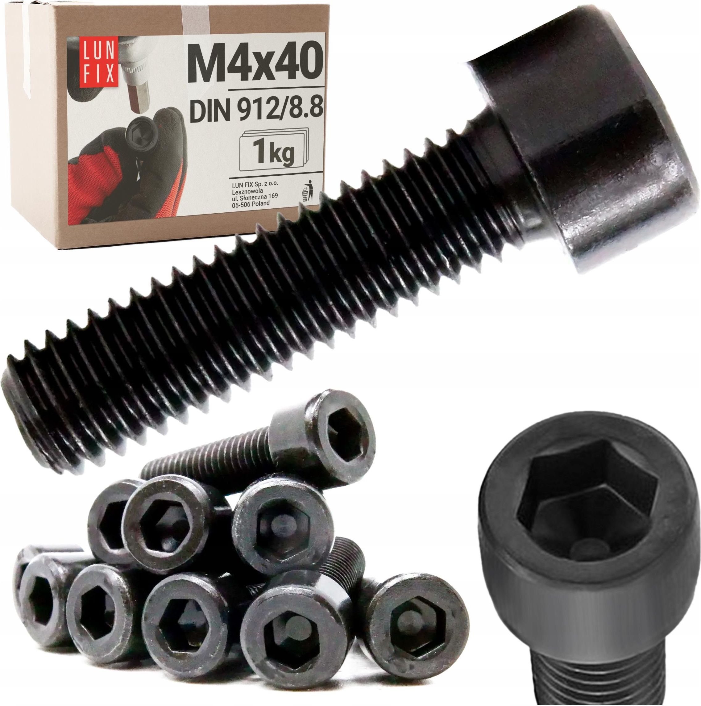 Lun Fix Śruba imbusowa M4x40 czarny ocynk z łbem walcowym DIN912 kl8.8 ampulowa 1kg 1868874651 ...
