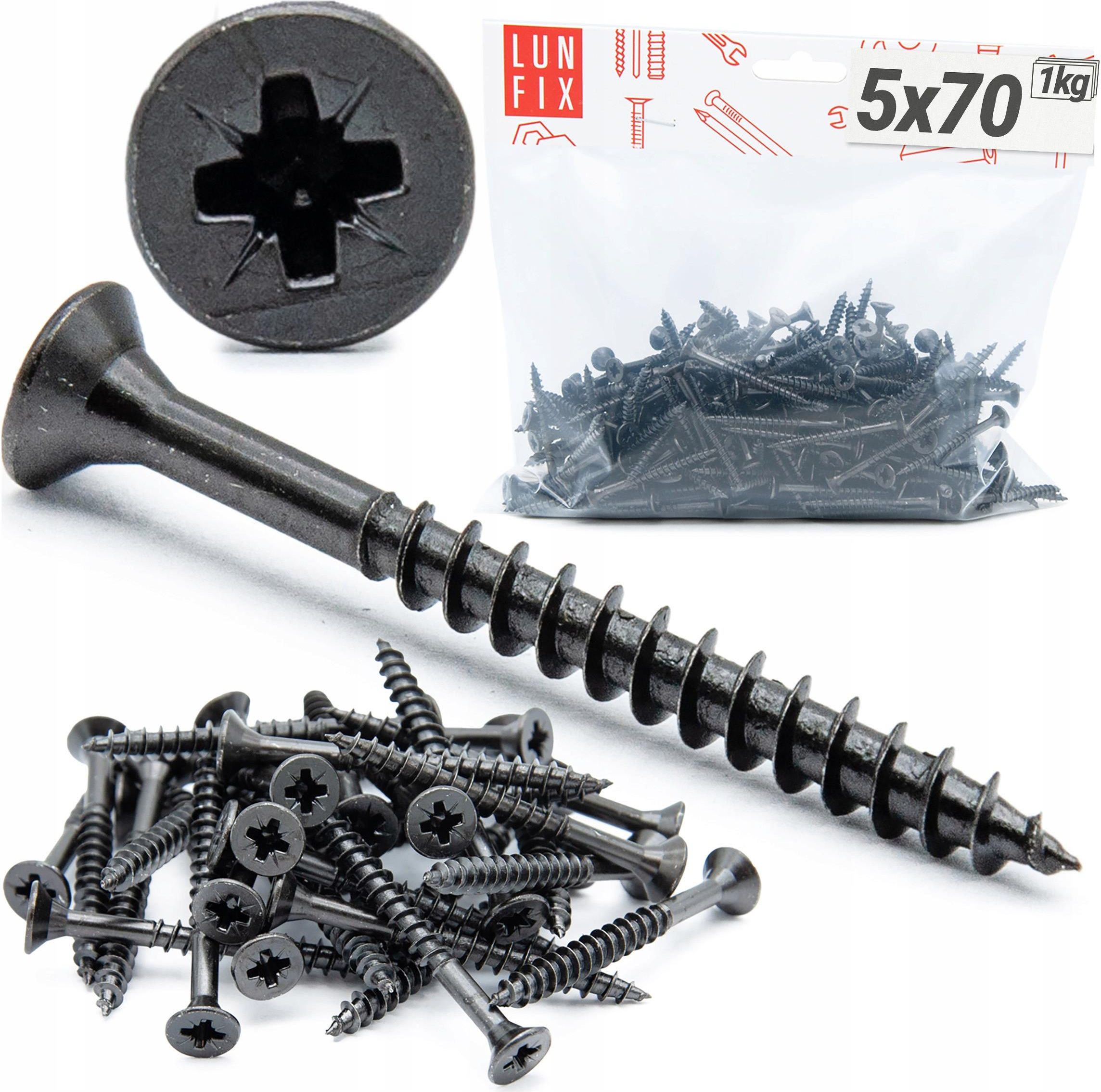 Lun Fix Wkręty do drewna czarne ocynk 5x70 mm z łbem stożkowym 1kg ...