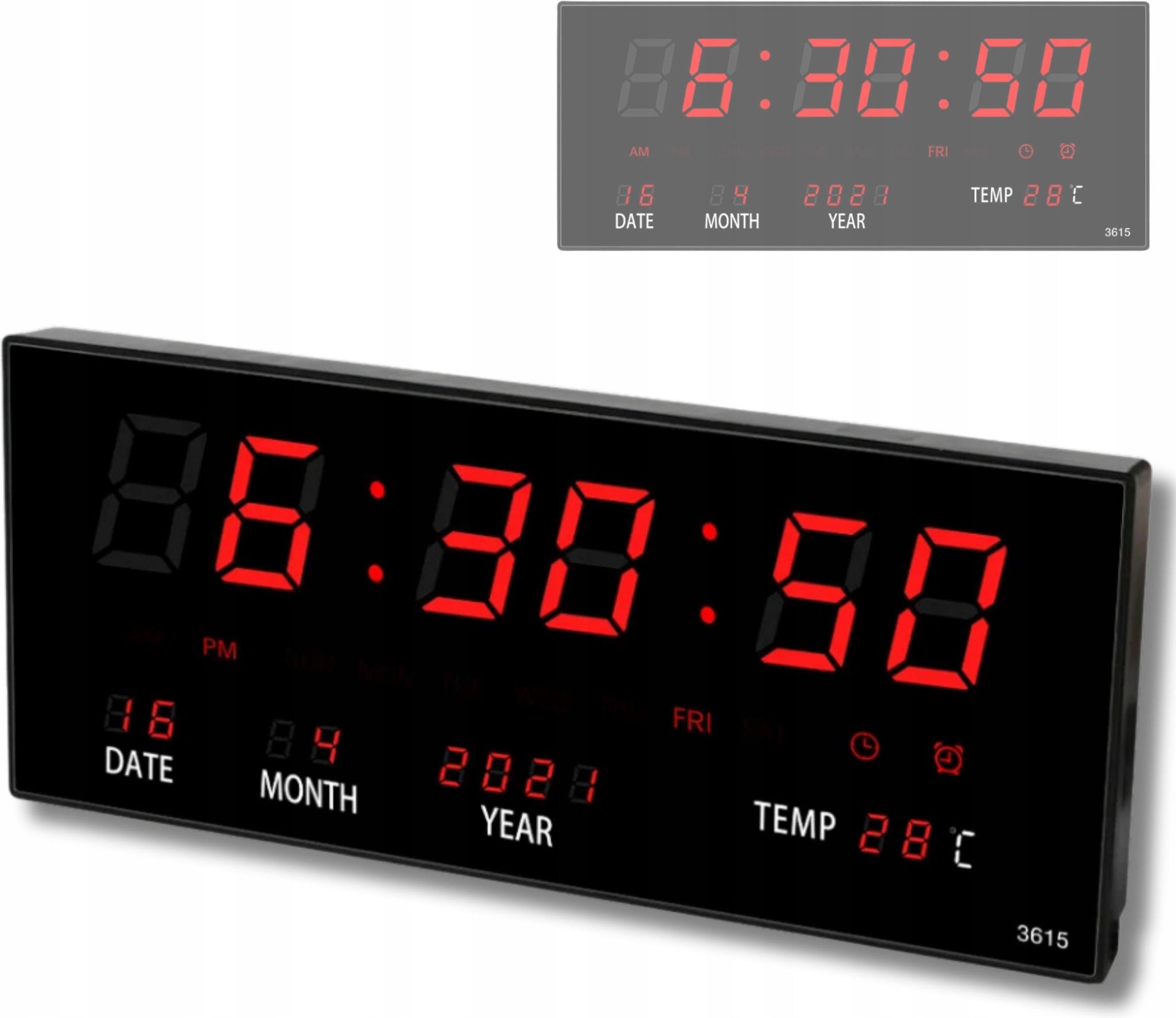 Nowoczesny Duży Zegar 36x15cm Led Ścienny Alarm I Pomiar Temp. Usb 12 ...