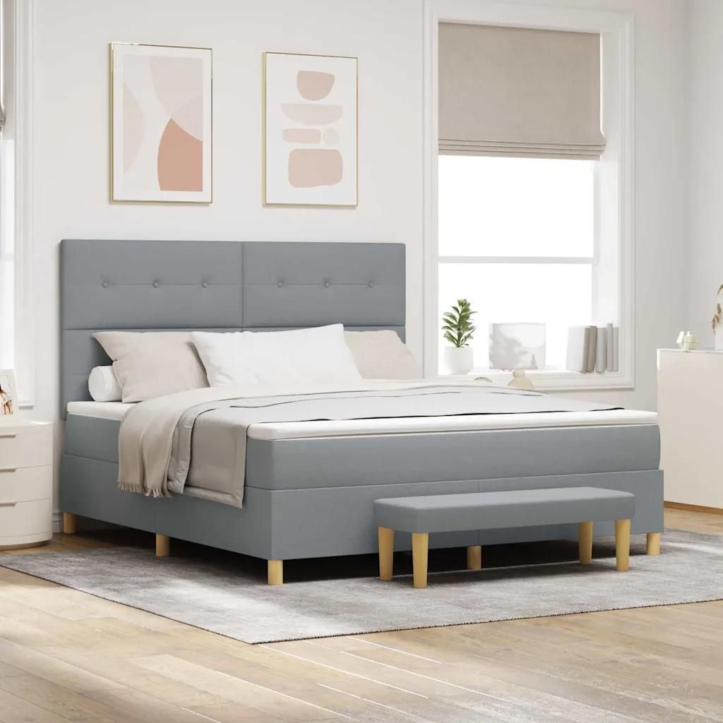 Gravora Łóżko Box Spring 180x200 cm jasnoszare z ławką i materacem ...