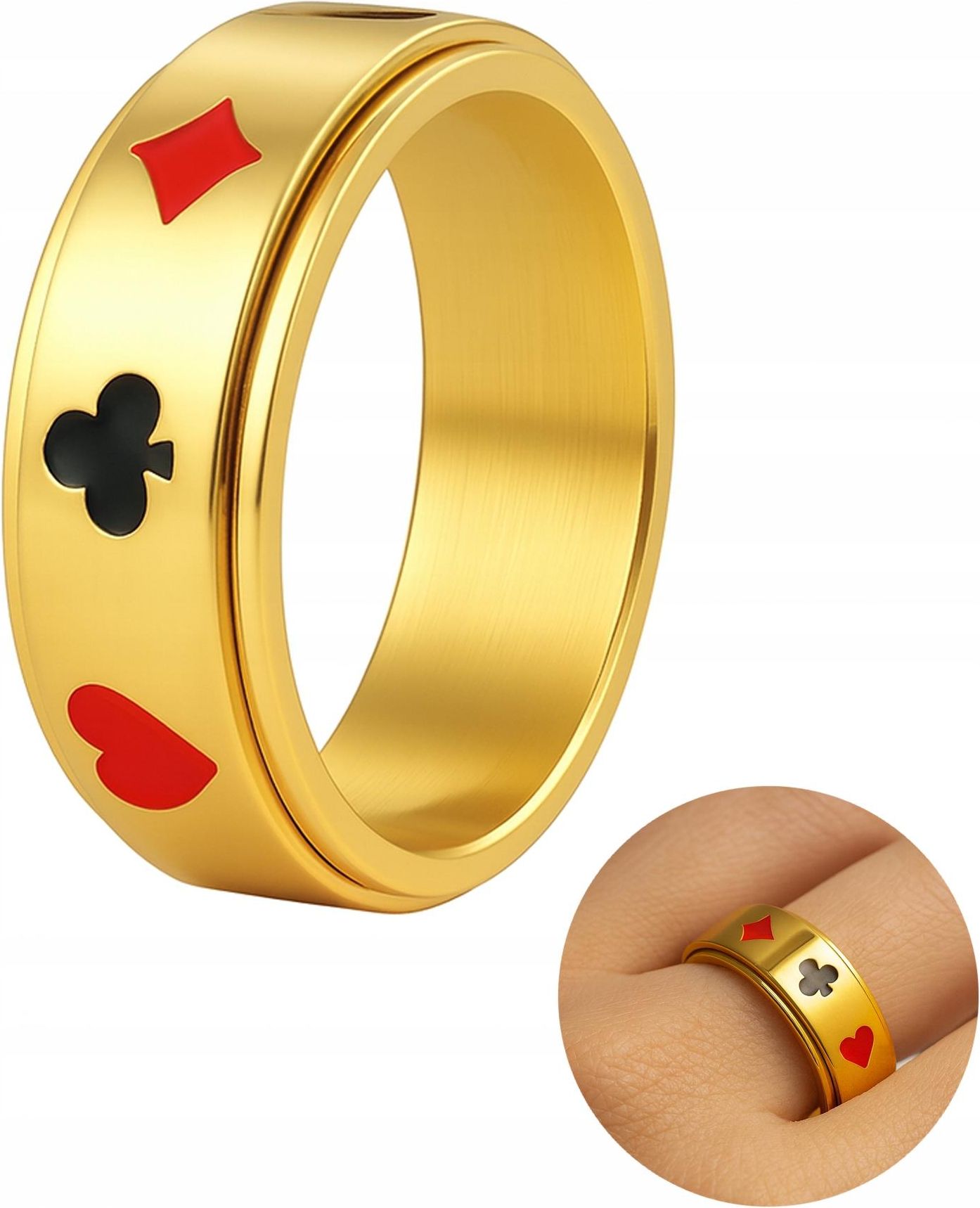 PIERŚCIONEK ZŁOTY ANXIETY RING OBRACANY ANTYSTRESOWY KARTY KASYNO POKER ...