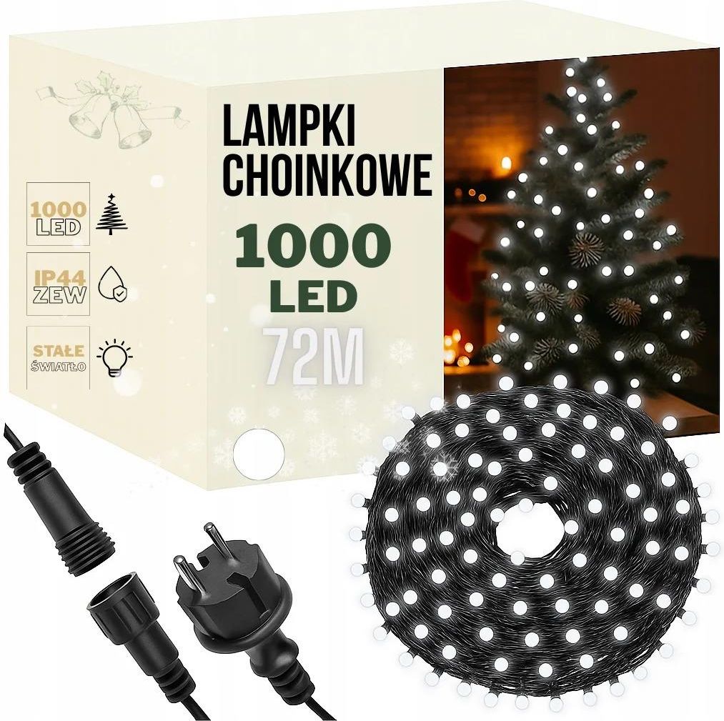 Lampki Choinkowe 1000 LED 72 m Białe Zimne IP44 Stałe Światło ...