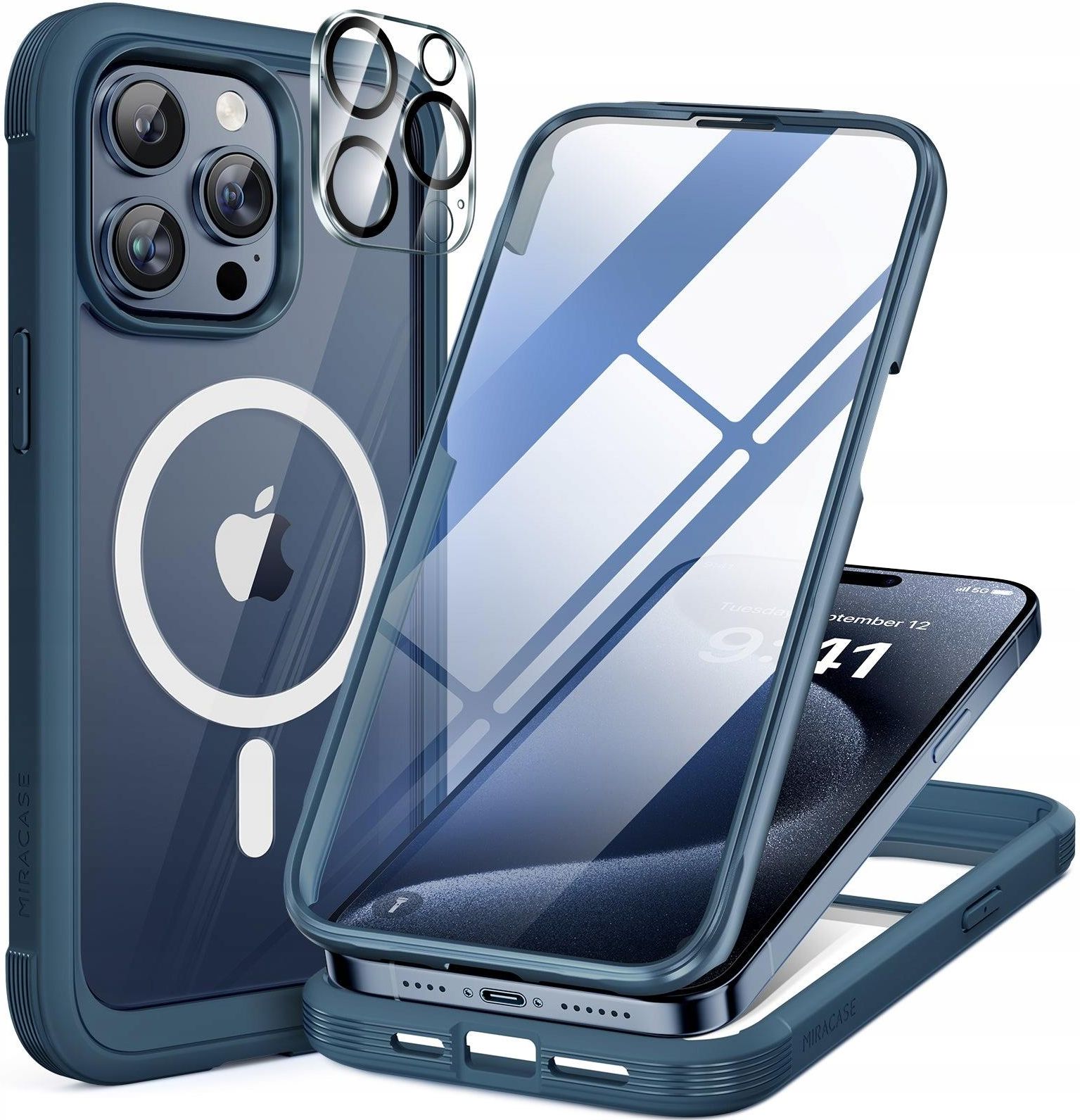 Miracase etui pancerne 360 do iPhone 15 Pro Max szkło aparat Tytan błękitny - Etui na telefon ...