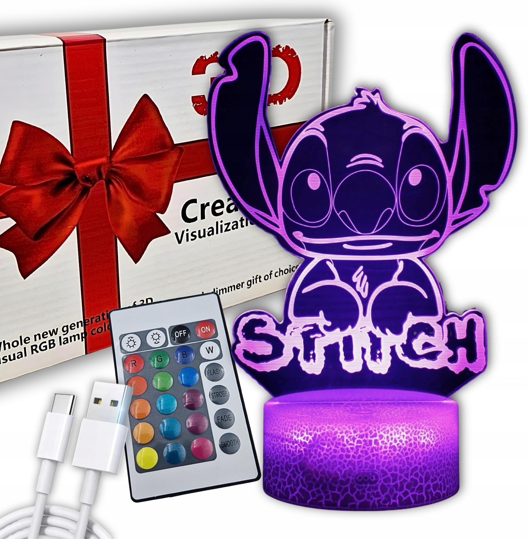 Lampka Nocna Stich 3D Biurkowa 16 Led Lilo I Stitch Na Pilot Dla Dzieci ...