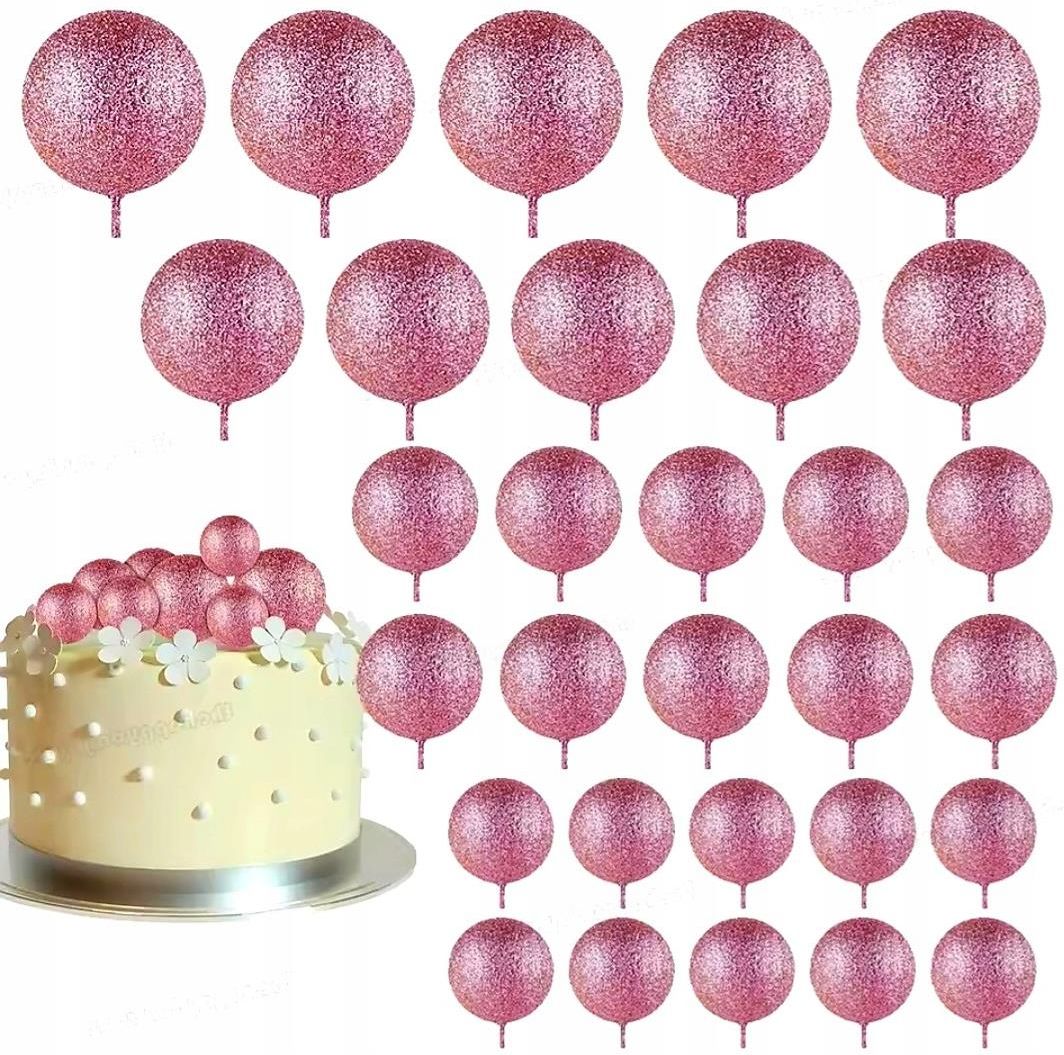 Topper Kule Kulki Na Piku Różowe Brokat 20szt Dekoracja Ozdoba Na Tort ...