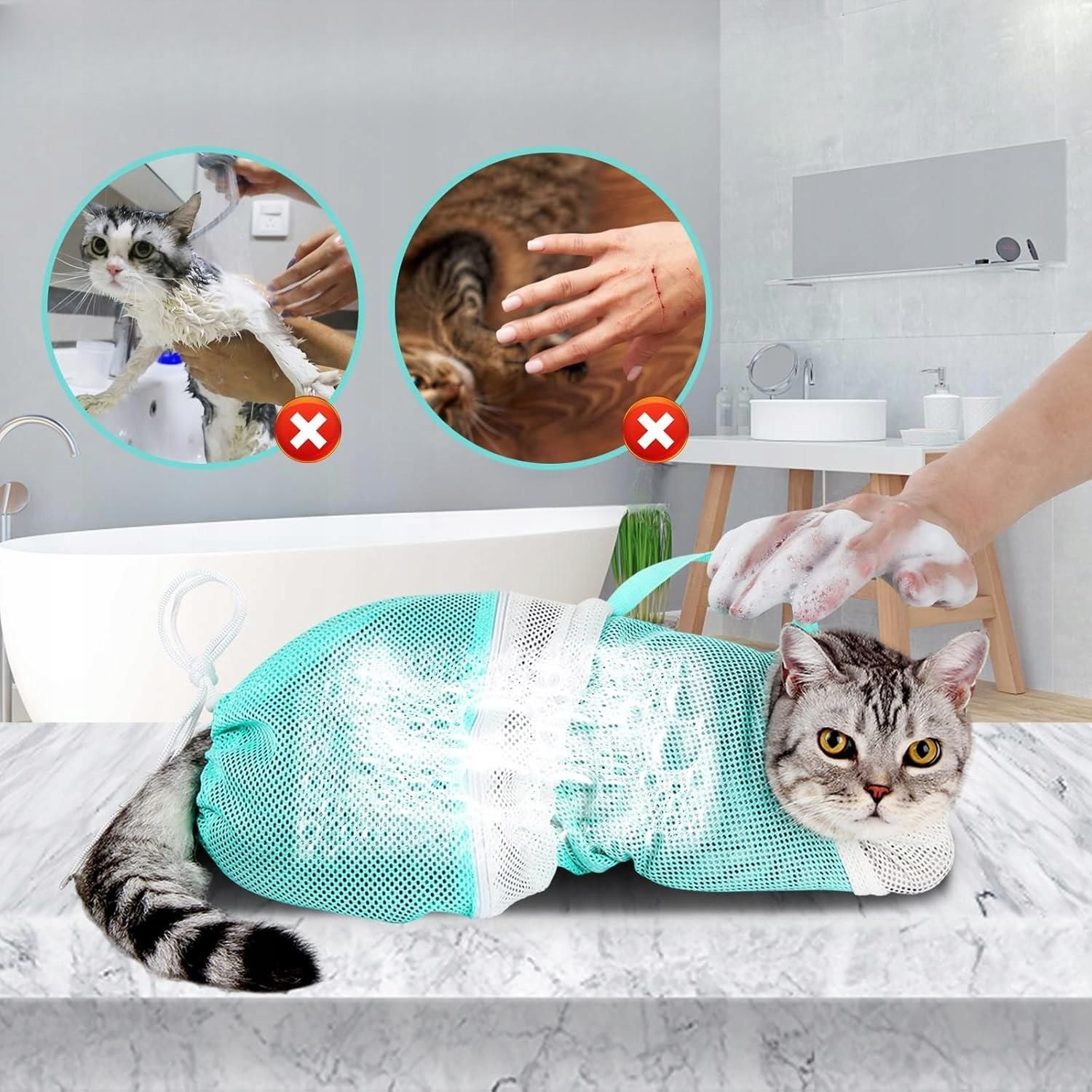 Torba kąpielowa dla kota Regulowana siatka do prania dla kota Anti-bite ...
