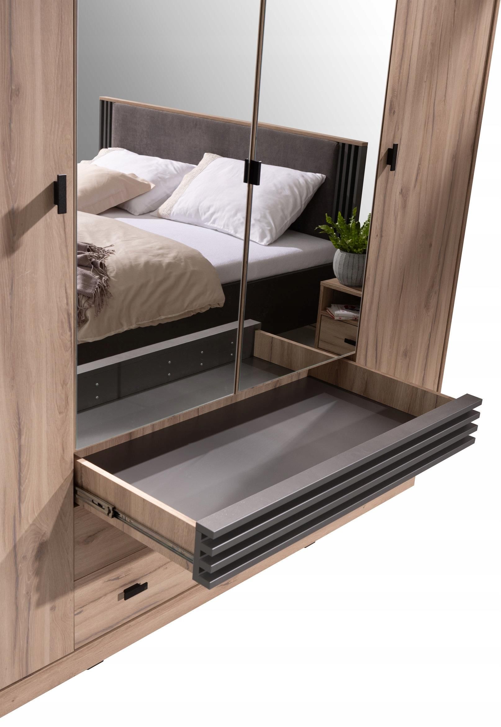 Szafa Garderoba Czterodrzwiowa 200cm Z Lustrem Szufladami Lamele Aspen ...