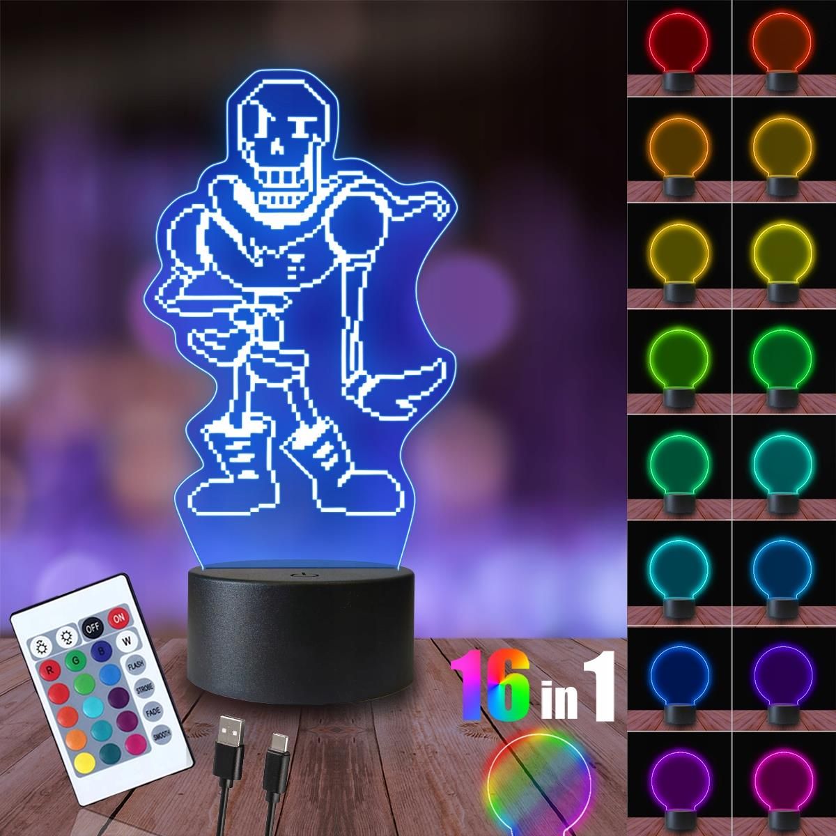 Lampa Plexido Lampka Stołowa Nocna 3D Led Undertale Papyrus Gaming Gra ...