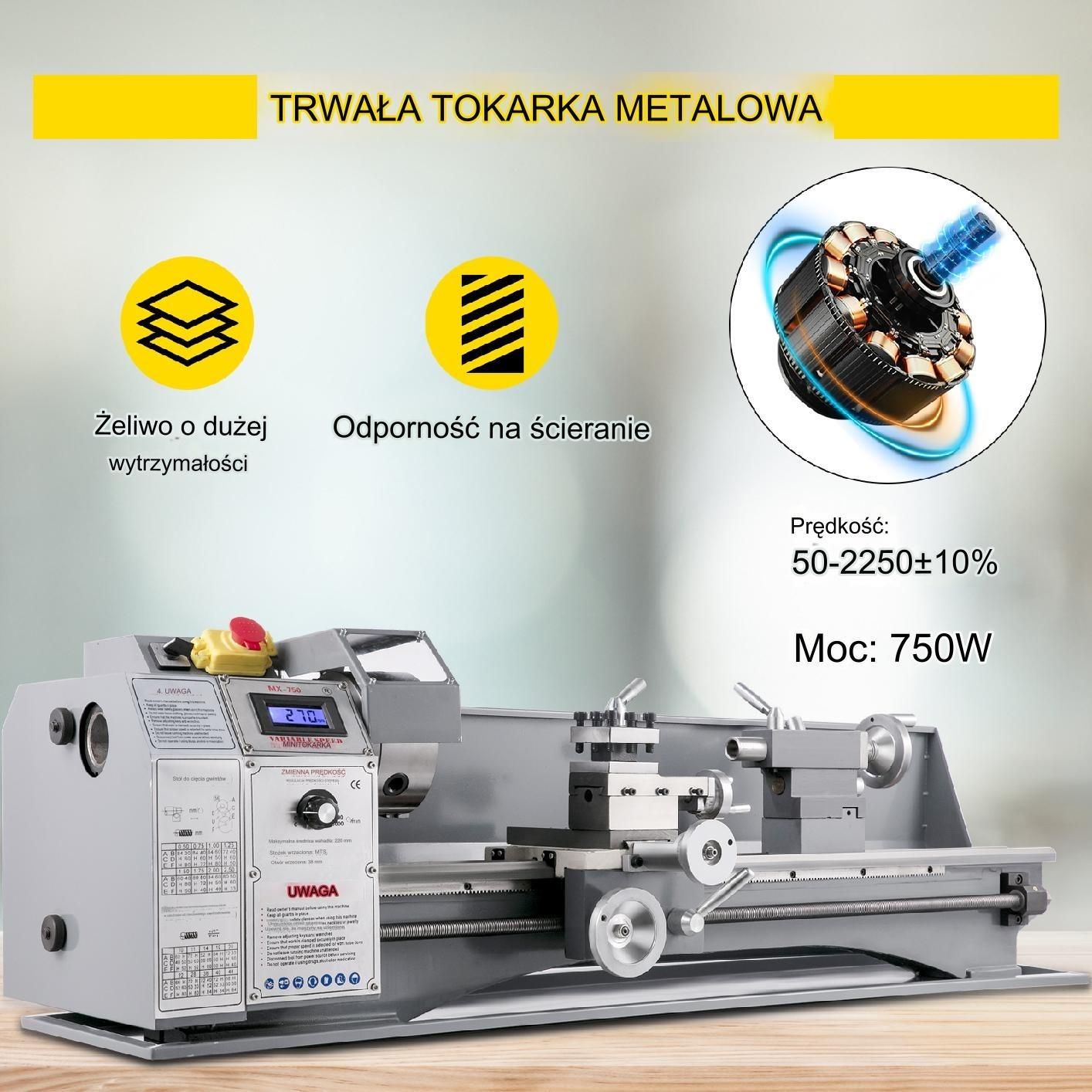 Tokarka Tokarka do metalu 1100W 220x750mm zmienna prędkość cyfrowa MT5 ...