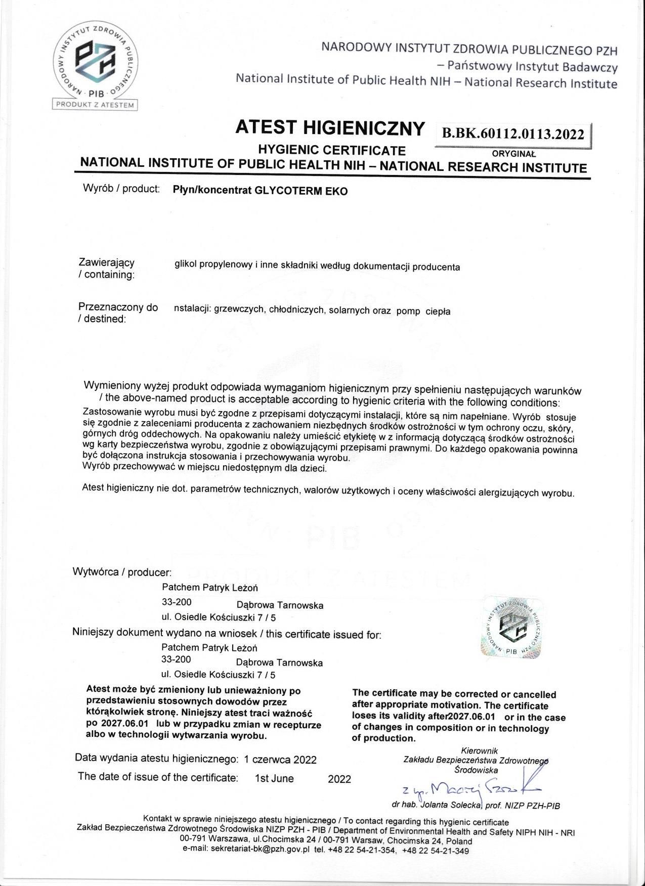 Patchem Glikol Propylenowy Eko Płyn Pompy Ciepła -30°C 20L 5710916 ...