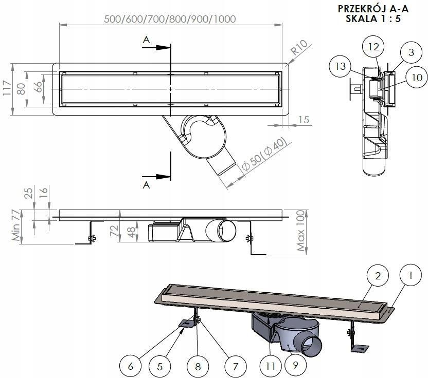 Zestaw odpływowy Aquer Odpływ Liniowy 100cm Obrotowy Syfon OLPM1000RP ...