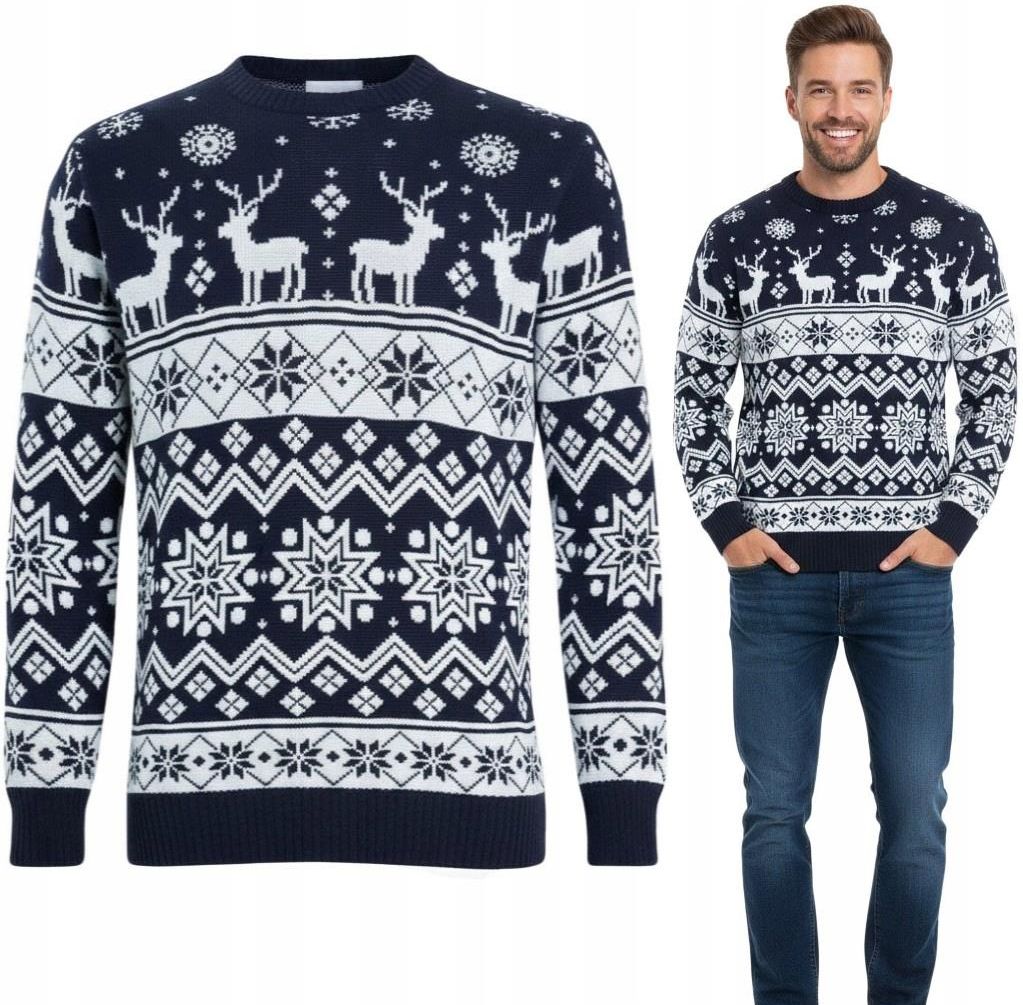 Sweter świąteczny męski granat renifery śnieżynki zimowy R XL - Ceny i ...