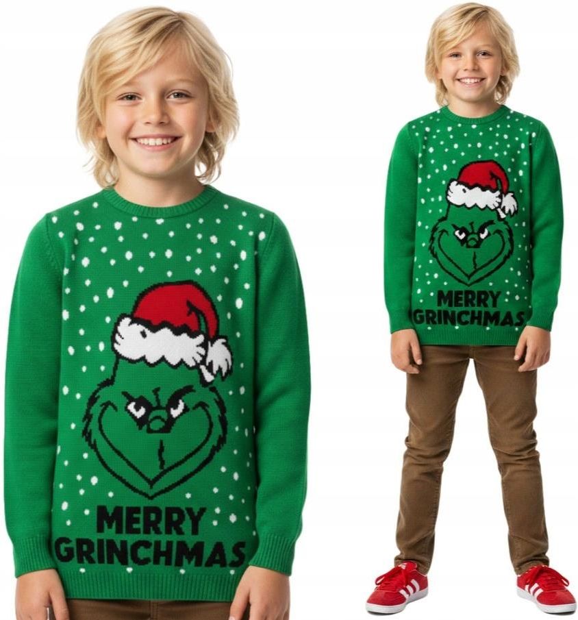 Zielony sweter Grinch dla chłopca i dziewczynki świąteczny ciepły 6/7 ...