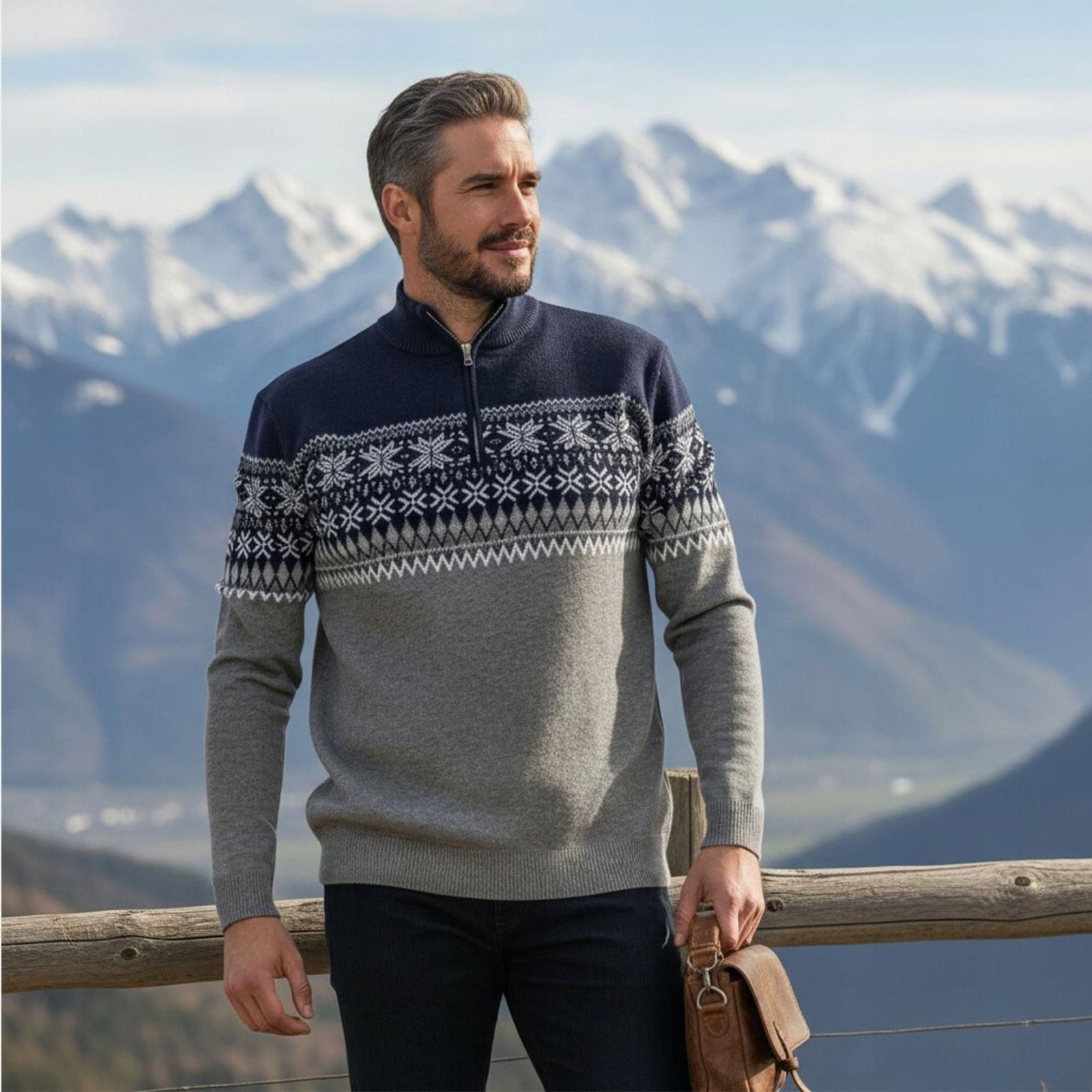 Sweter Świąteczny Męski Zimowy z Wiskozą Motyw Norweski Stójka Szary L ...