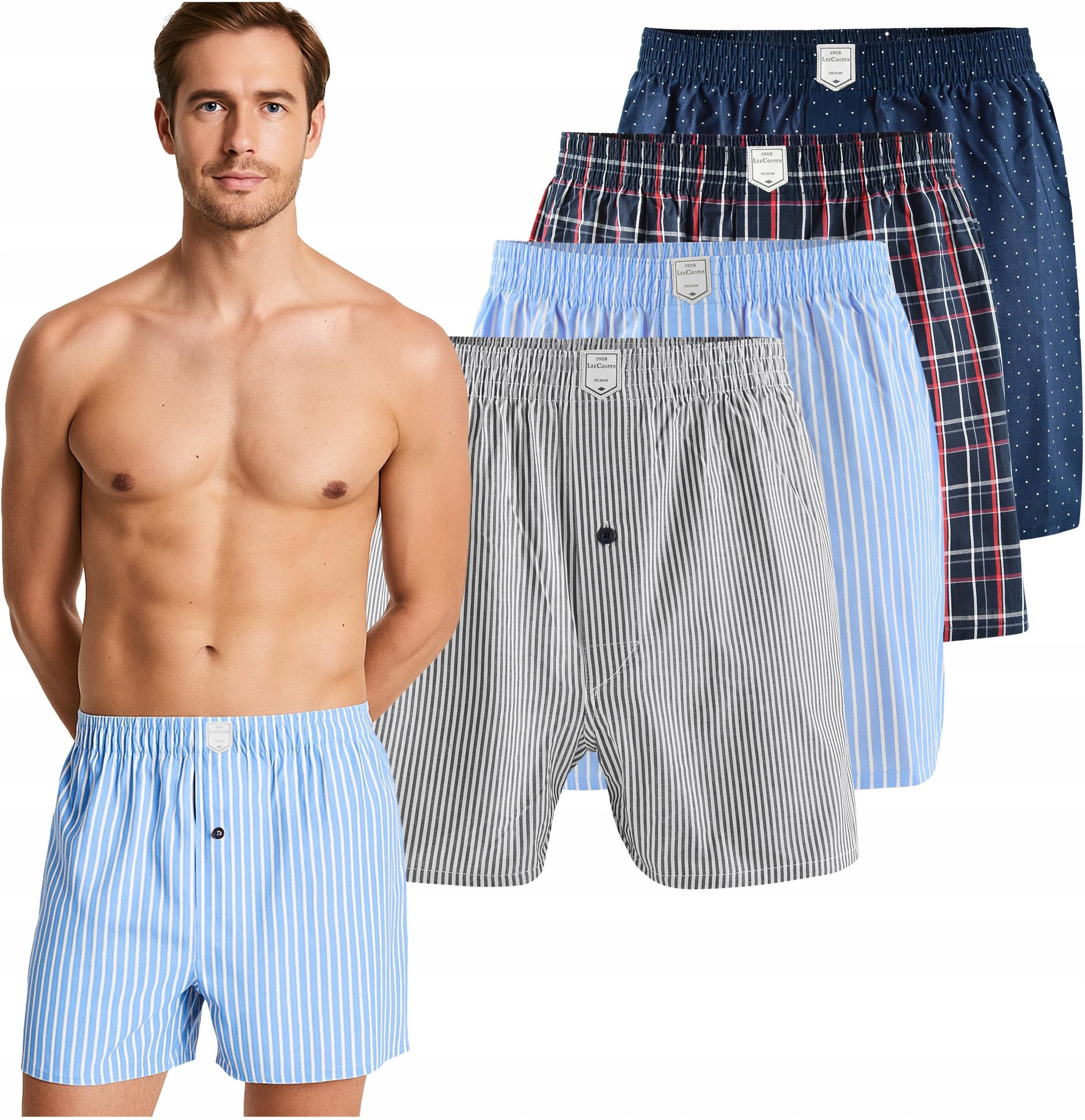 Lee Cooper Bokserki Męskie Luźne 4 sztuki Zestaw Bawełna Krata Paski XL ...