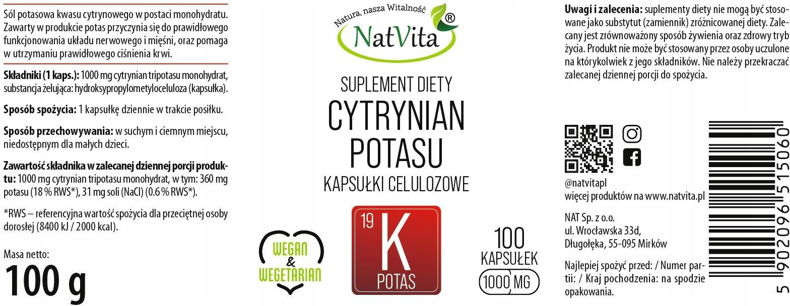 Natvita Cytrynian Potasu 1000mg 100Kaps. - Opinie i ceny na Ceneo.pl