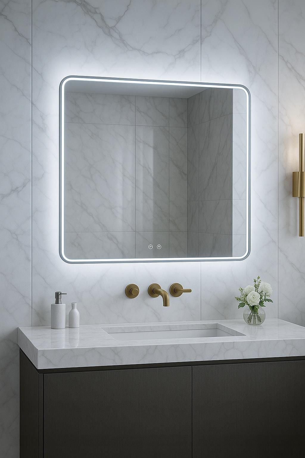 Lustro łazienkowe 100×70 cm Led z regulacją światła w białej ramie ...