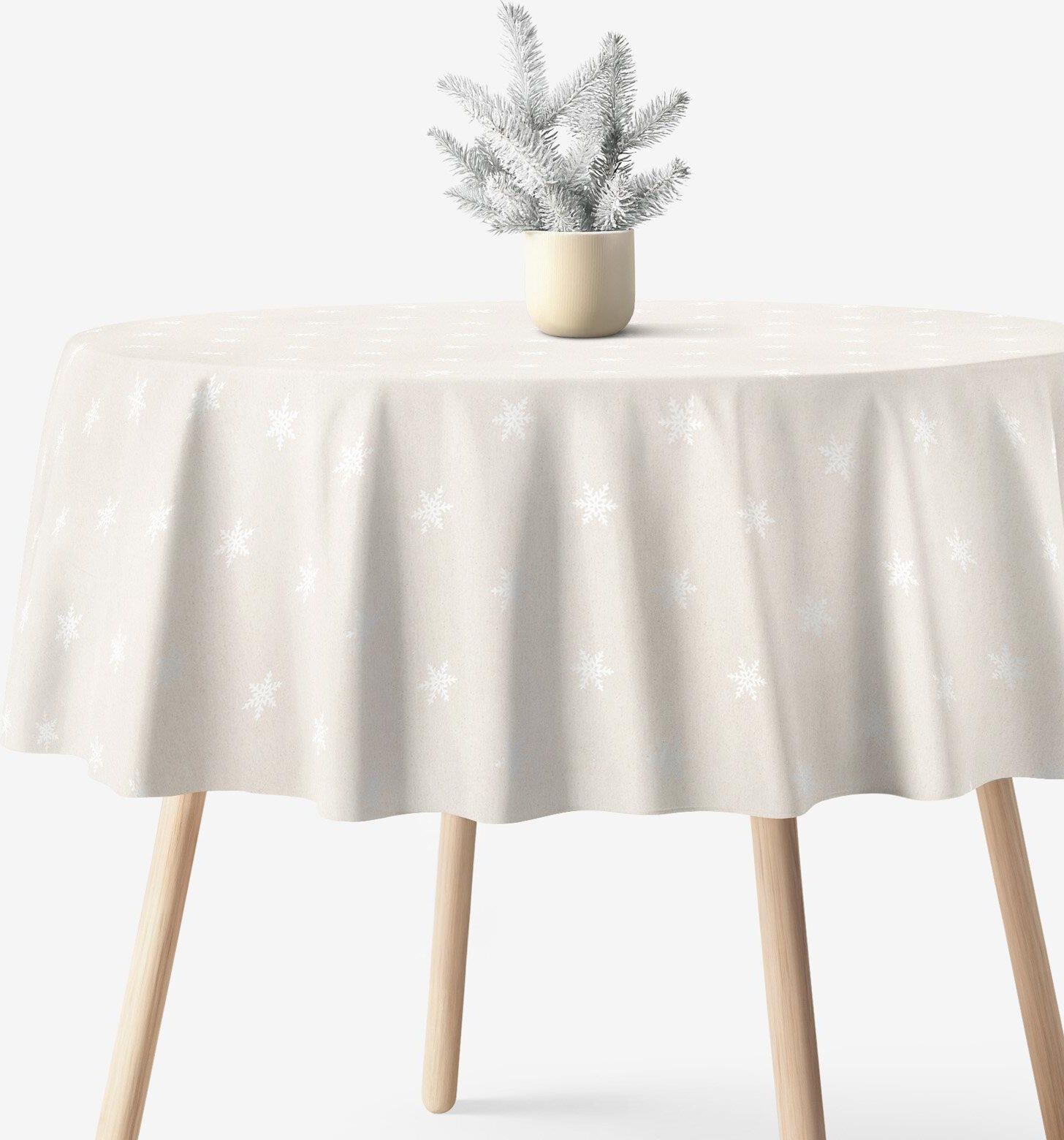 Goldea Obrus Okrągły Natura Świąteczny Śnieżynki Na Naturalnym Ø 210Cm ...