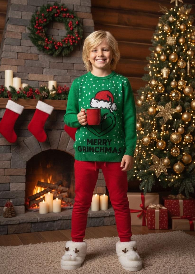 Zielony sweter Grinch dla chłopca i dziewczynki świąteczny ciepły 2/3 ...