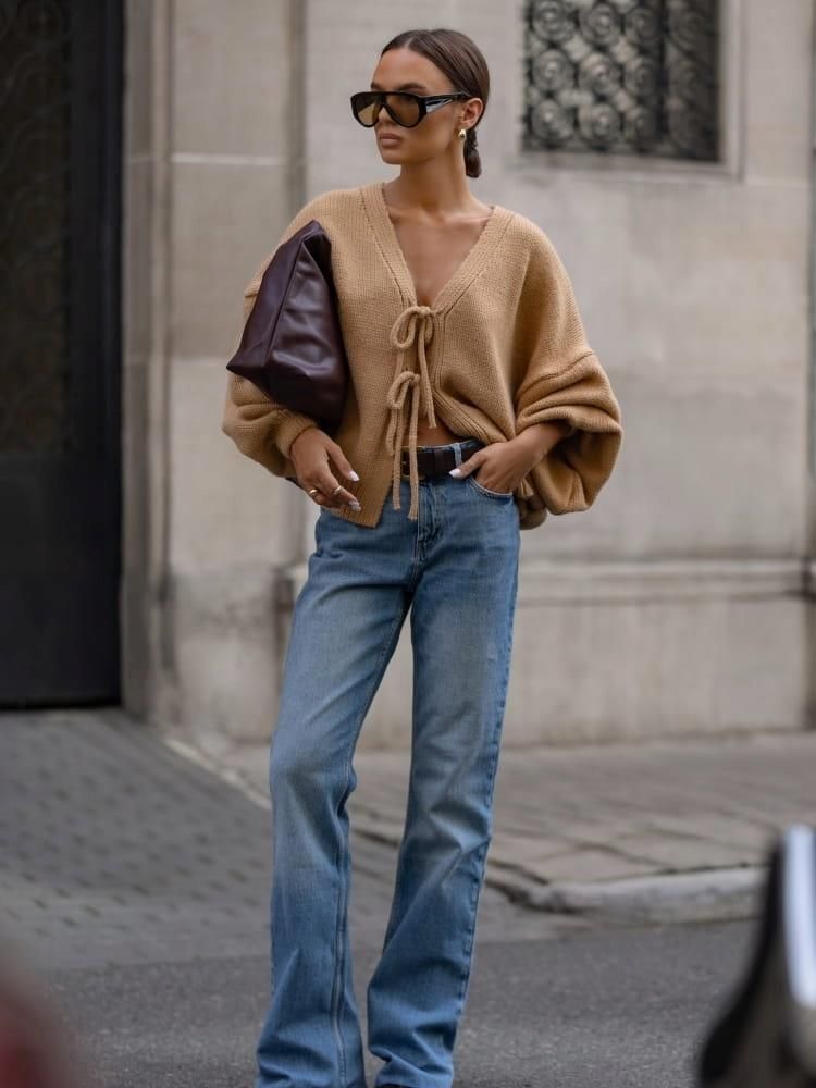 Sweter kardigan krótki karmelowy Cocomore na wiązanie stylowy r. uni ...