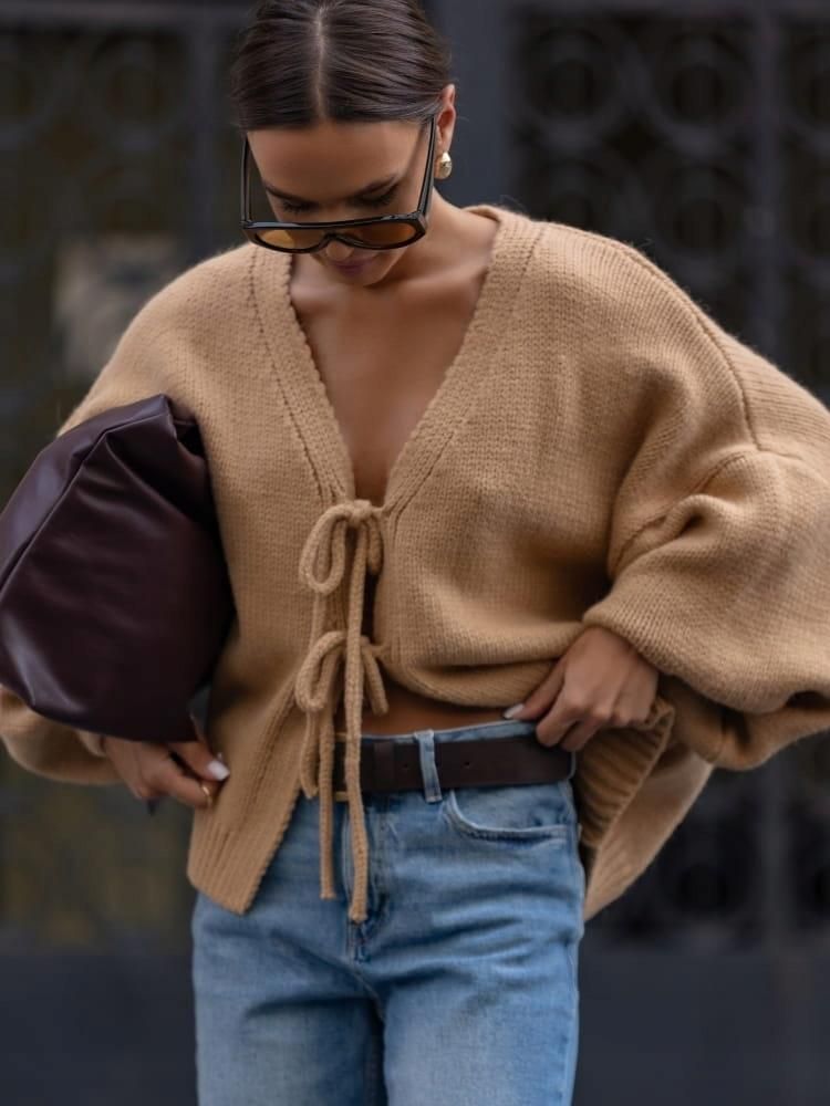 Sweter kardigan krótki karmelowy Cocomore na wiązanie stylowy r. uni ...