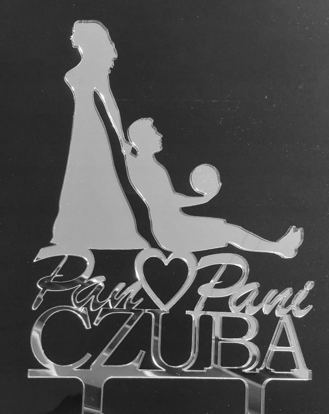 Topper srebrny toper na tort ślubny piłkarz z nazwiskiem srebrne lustro ...