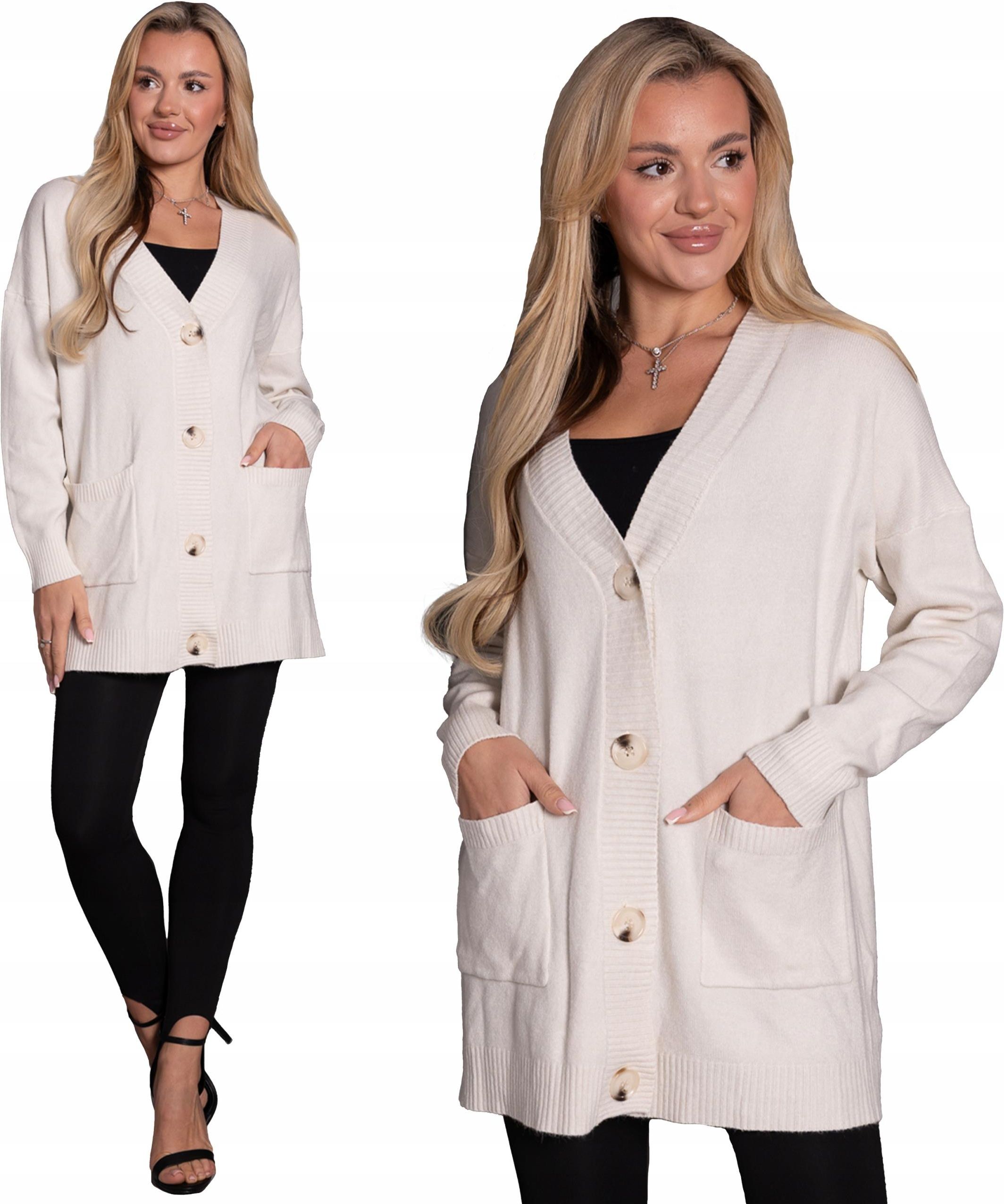 Lina Klasyczny Sweter Sweterek Kardigan Narzutka Guziki Kieszenie Ecru ...
