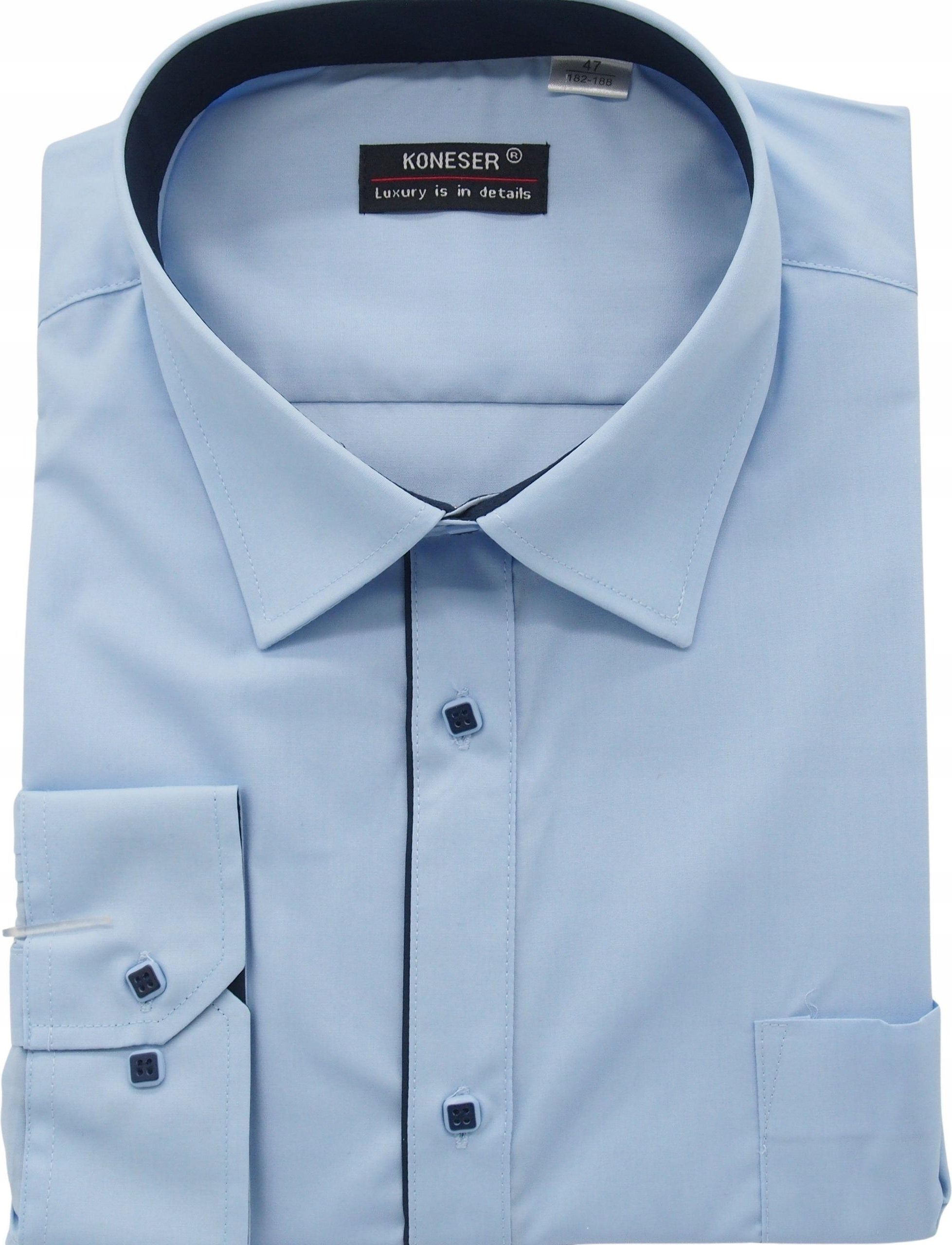 Duża Koszula Męska Niebieska Gładka Granatowe Dodatki 52 182-188 KW160 ...
