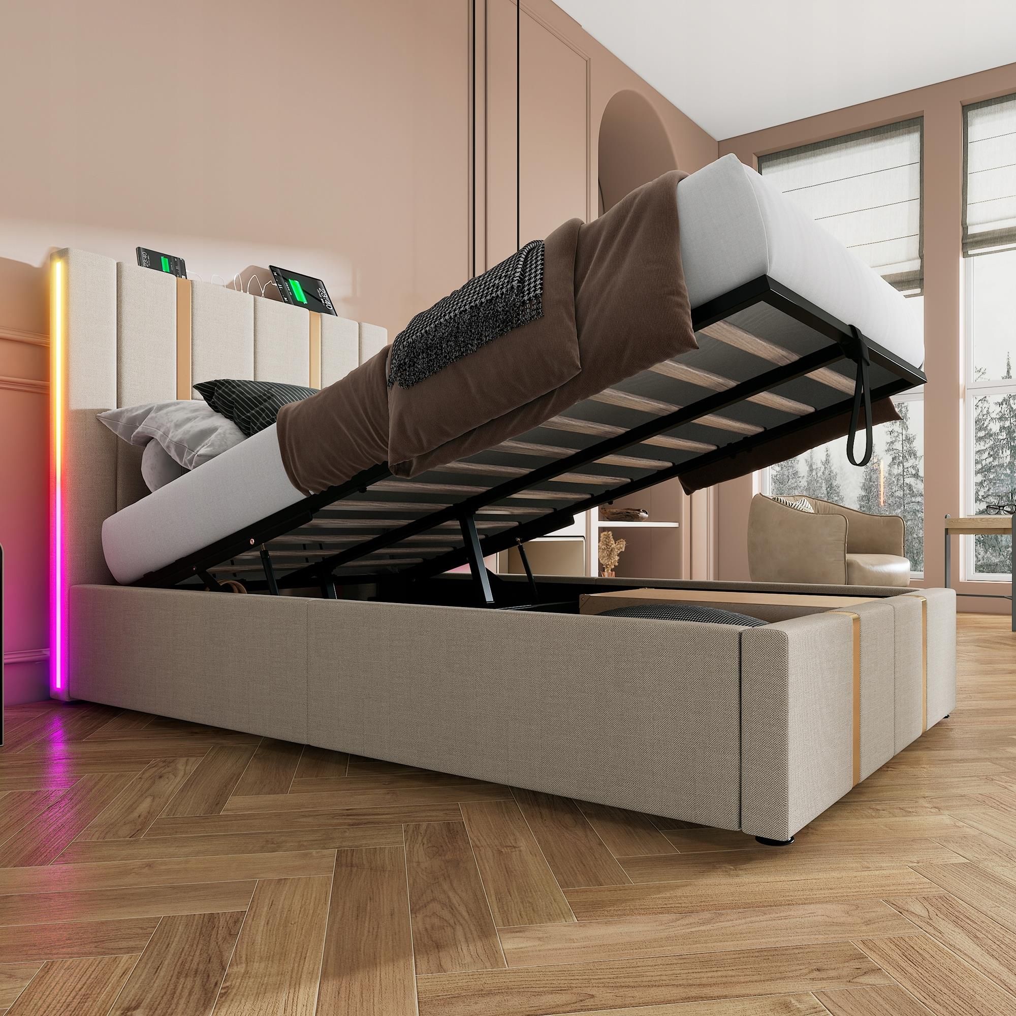 Arhatreya Łóżko tapicerowane z ładowania Usb typu C App 90×200CM beżowa ...