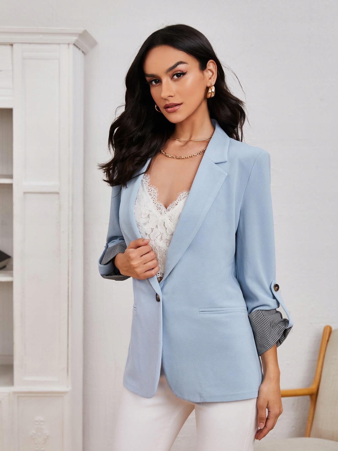 Marynarka Damska Niebieska Klasyczna Jednorzędowa Casual Ilp Shein M ...