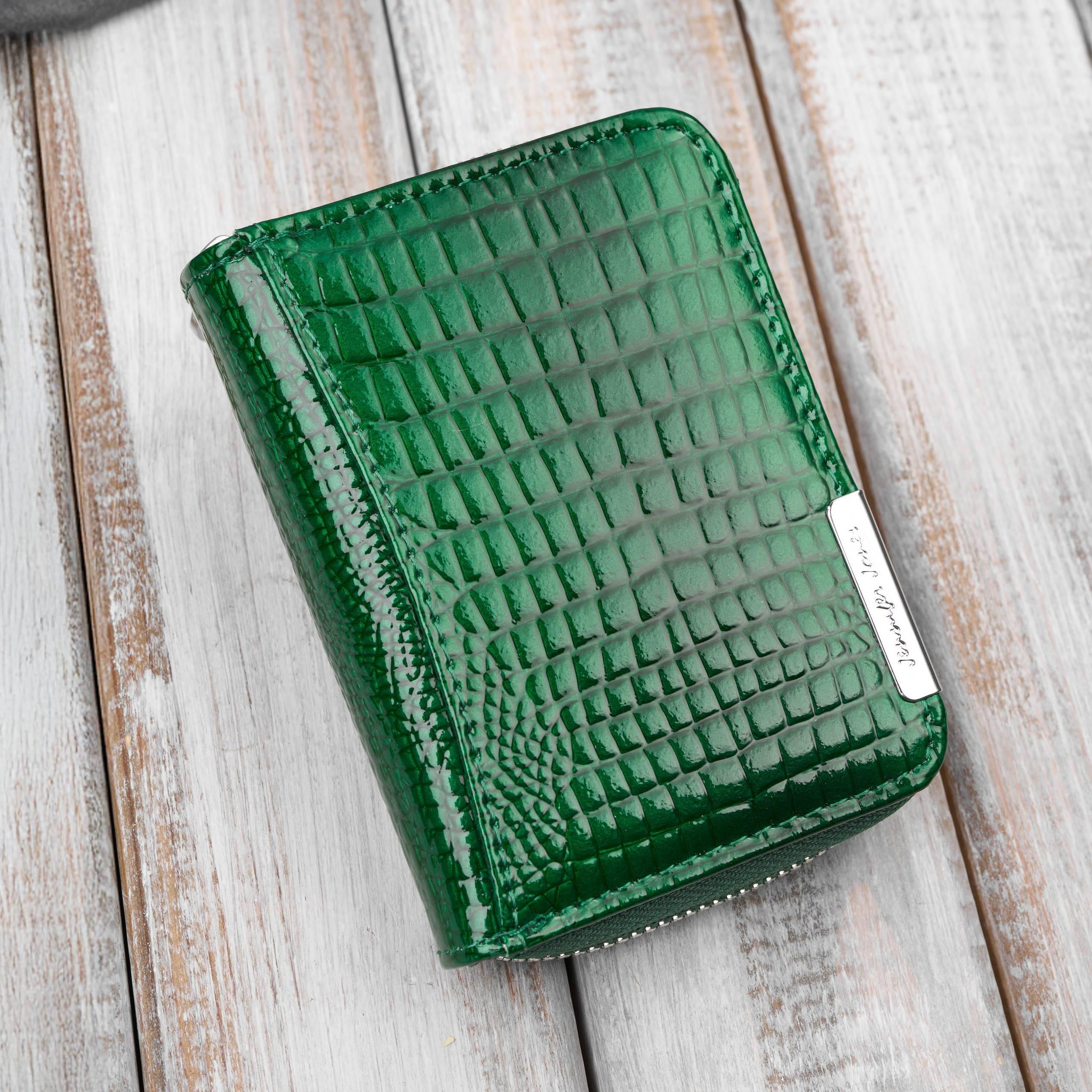 Portfel damski skórzany mini zielony skóra naturalna lakierowana croco ...