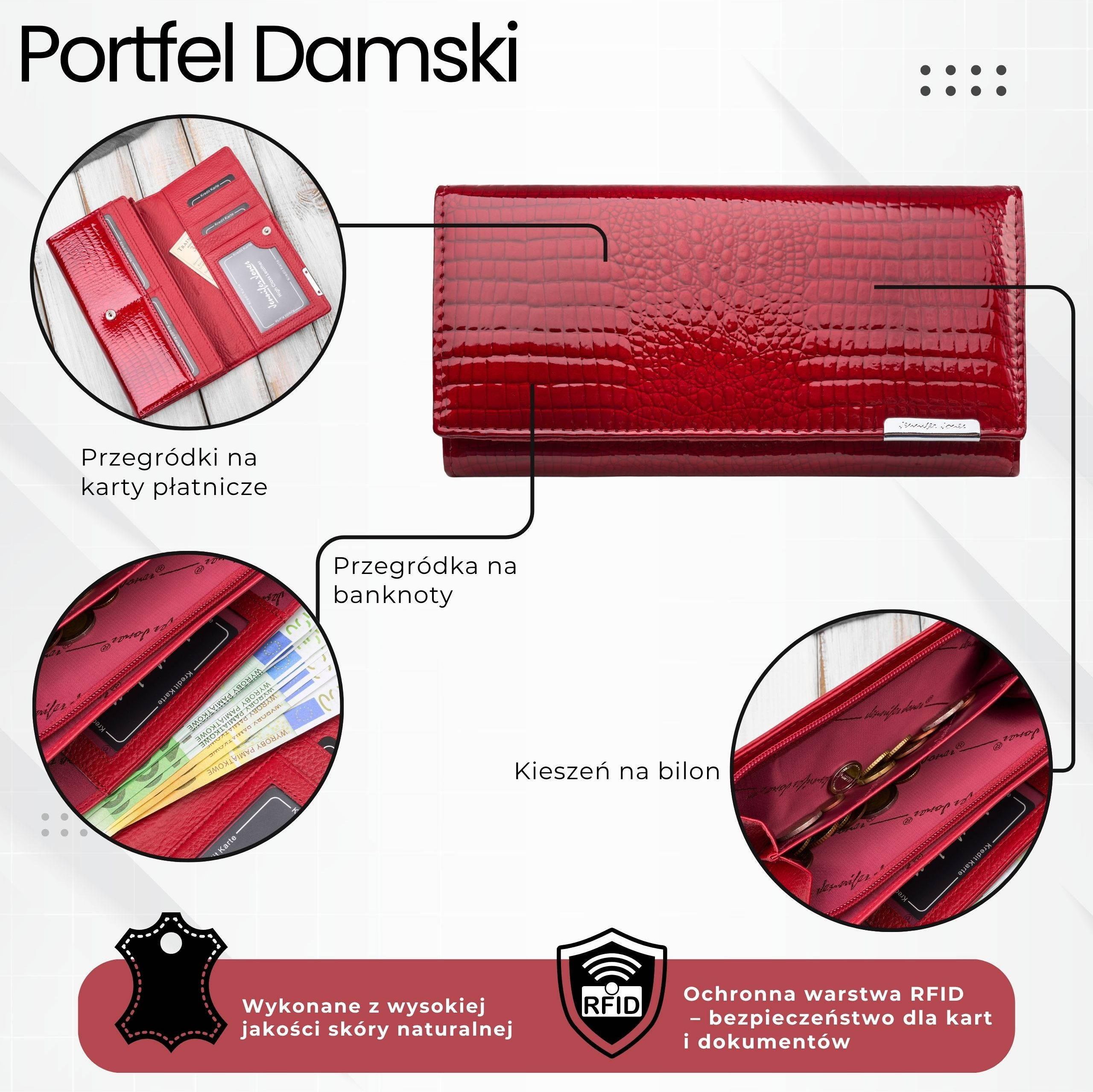 Portfel damski skórzany lakierowany czerwony z tłoczeniem croco SP-16 ...