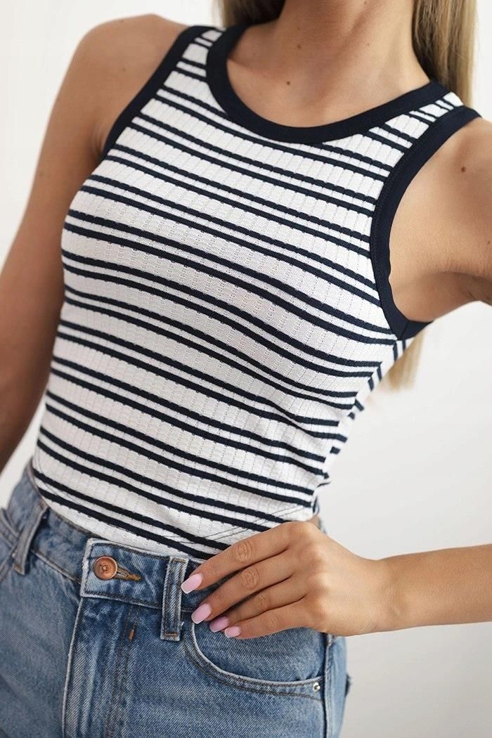 Bluzka Damska Granatowa Prążkowana w Paski , Bez Rękawów , Crop Top ...