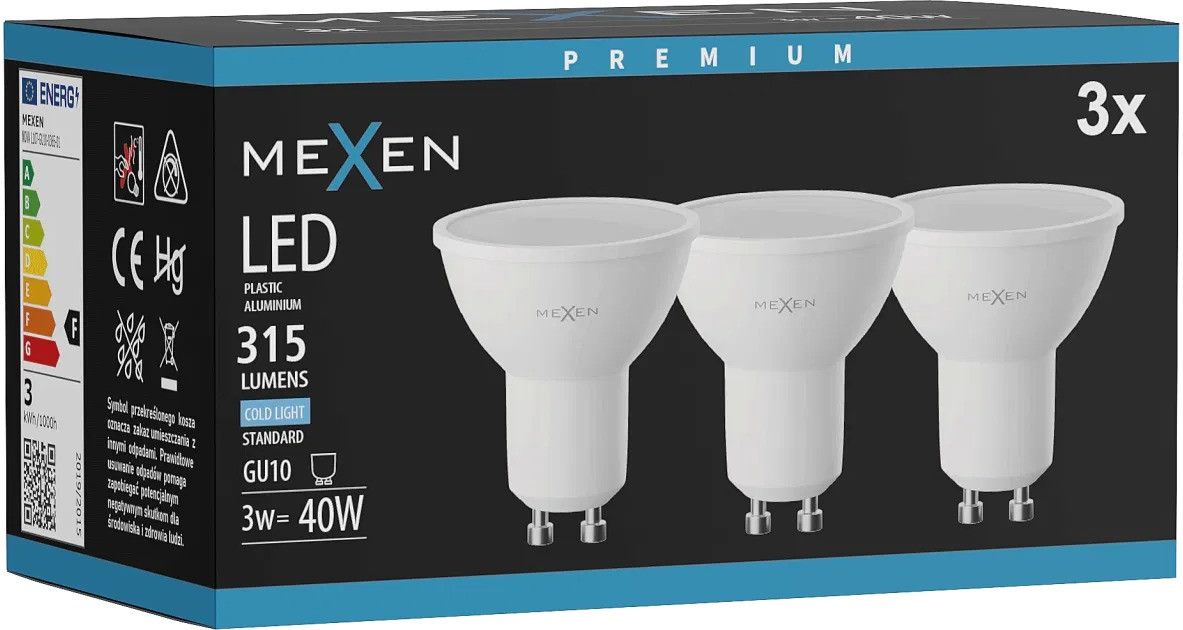 Mexen Żarówka LED GU10 3W Zimna 6500K 315lm L107-GU10-0365-01x03 ...
