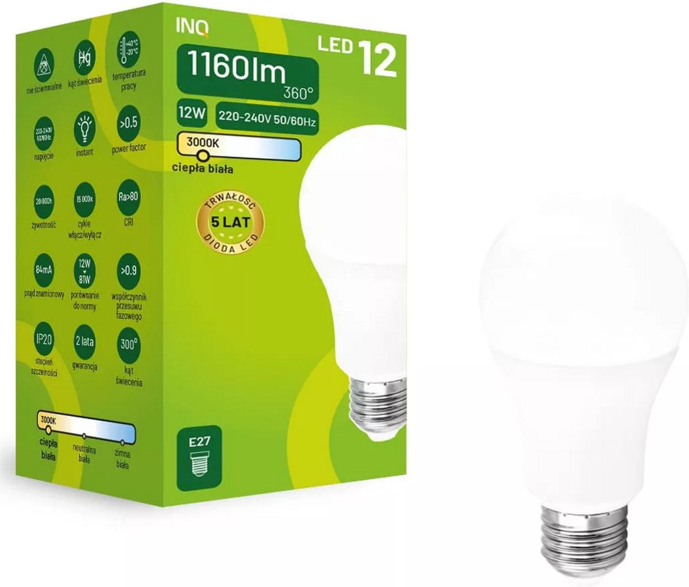 Inq Żarówka LED E27 12W Ciepła Biała 1160lm Mleczna Tradycyjna ...