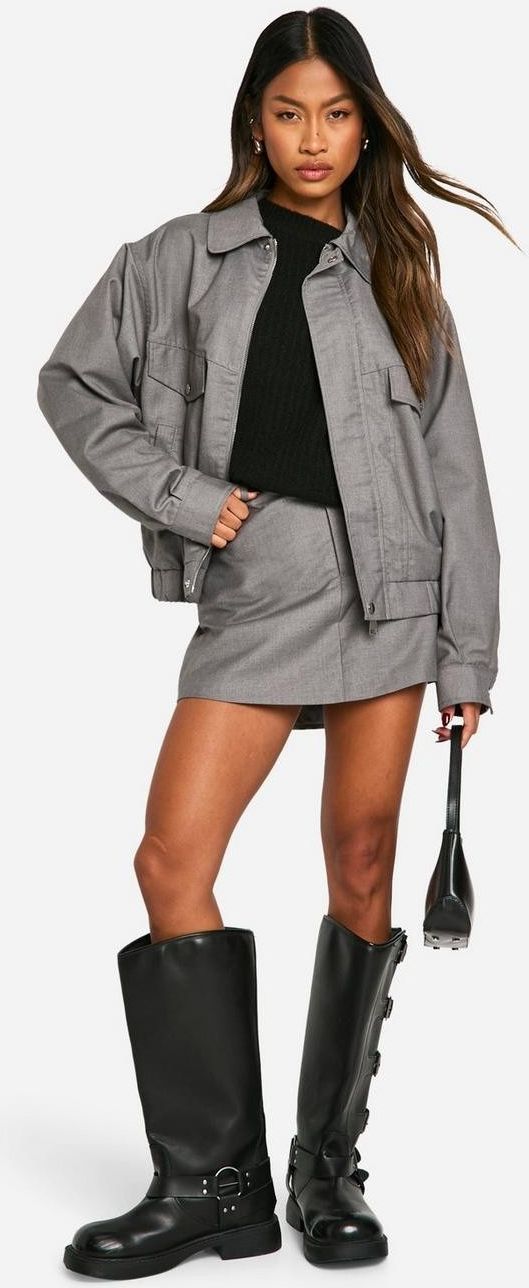 Szara Mini Spódnica Prosta Klasyczna Wysoki Stan Krótka Trapezowa ...