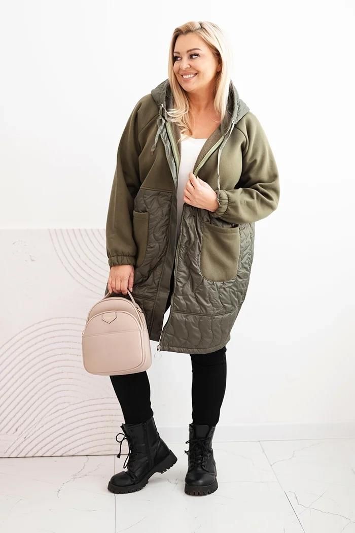 Bluza damska pikowana Plus Size z kapturem i dużymi kieszeniami khaki ...