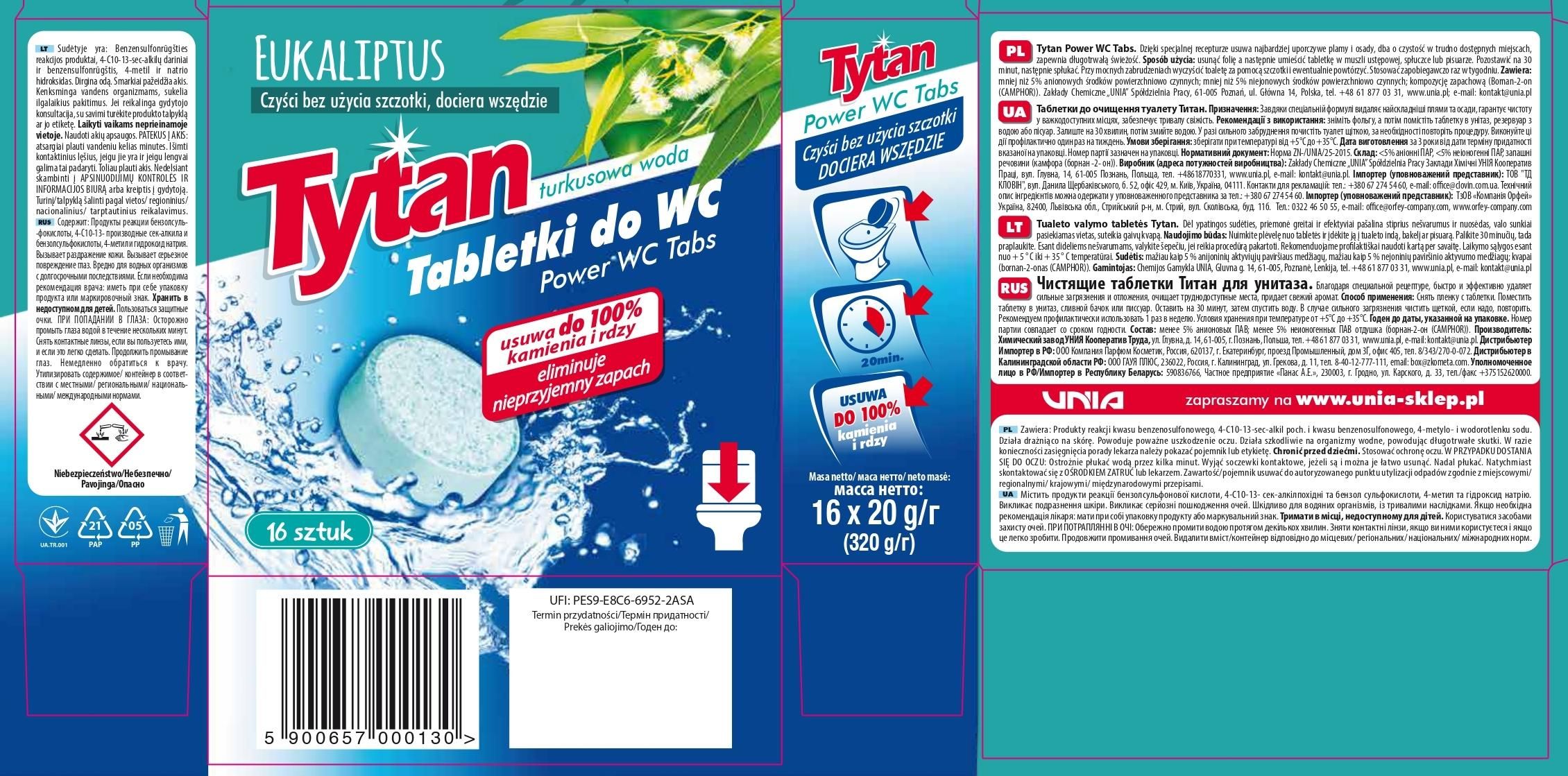 Tytan Płyn do czyszczenia pralki eukaliptus 250 ml + Tabletki do WC 16 ...