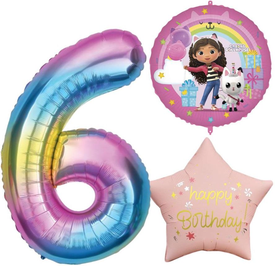 Godan Balony Foliowe Na 6 Urodziny Koci Domek Gabi + Gwiazda + Cyfra ...