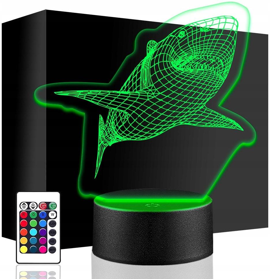 Lampka nocna rekin 3D upominki_pl wielokolorowa LED z pilotem bateryjna ...