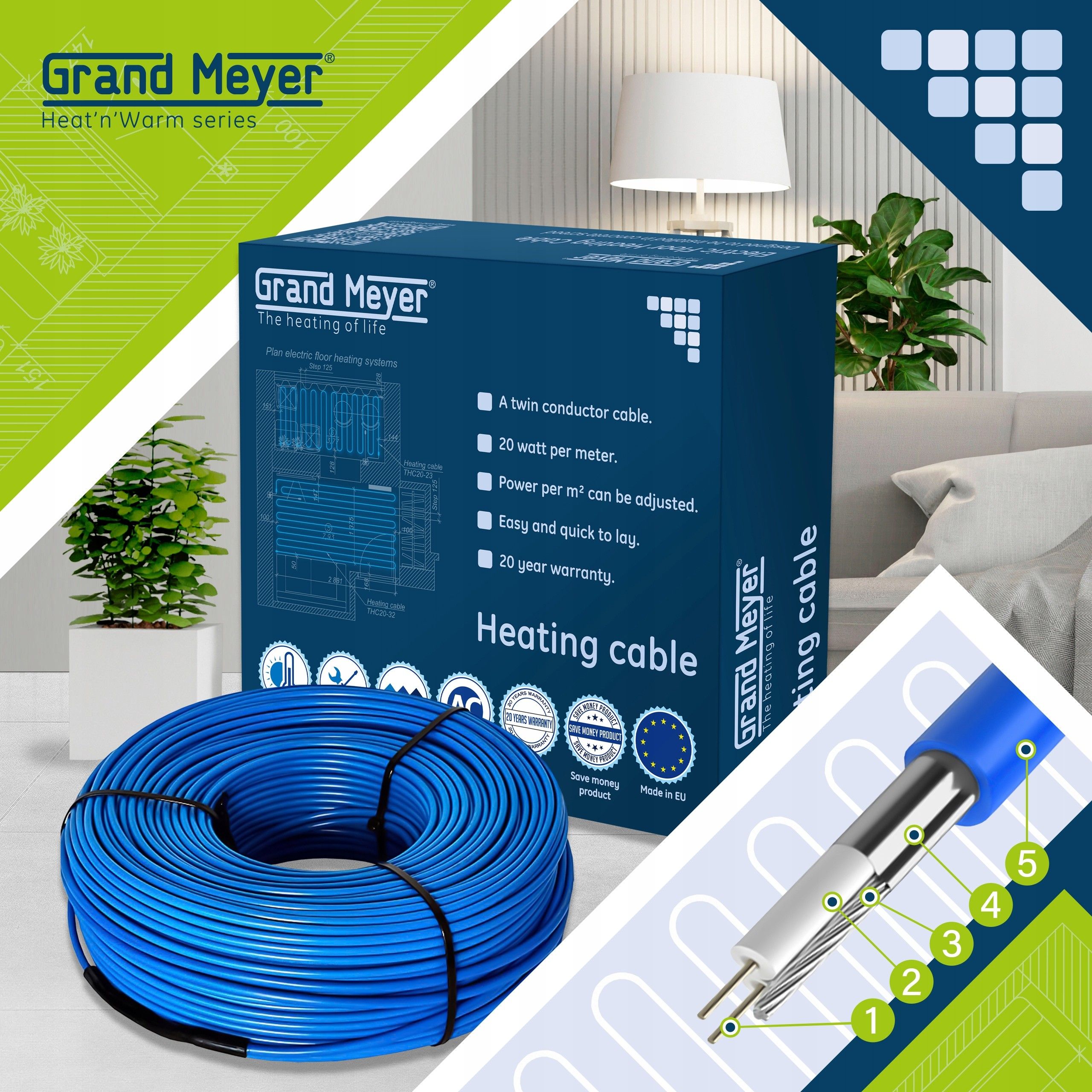 Grand Meyer Kabel grzewczy z termostatem THC20160MST10M 20 W/m 160 m ...