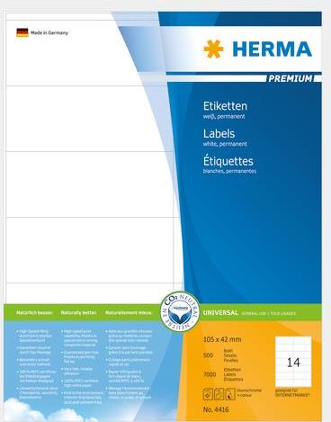 Herma Etykiety Premium 4416 A4 białe 105 x 42mm papier matowy 7000szt ...