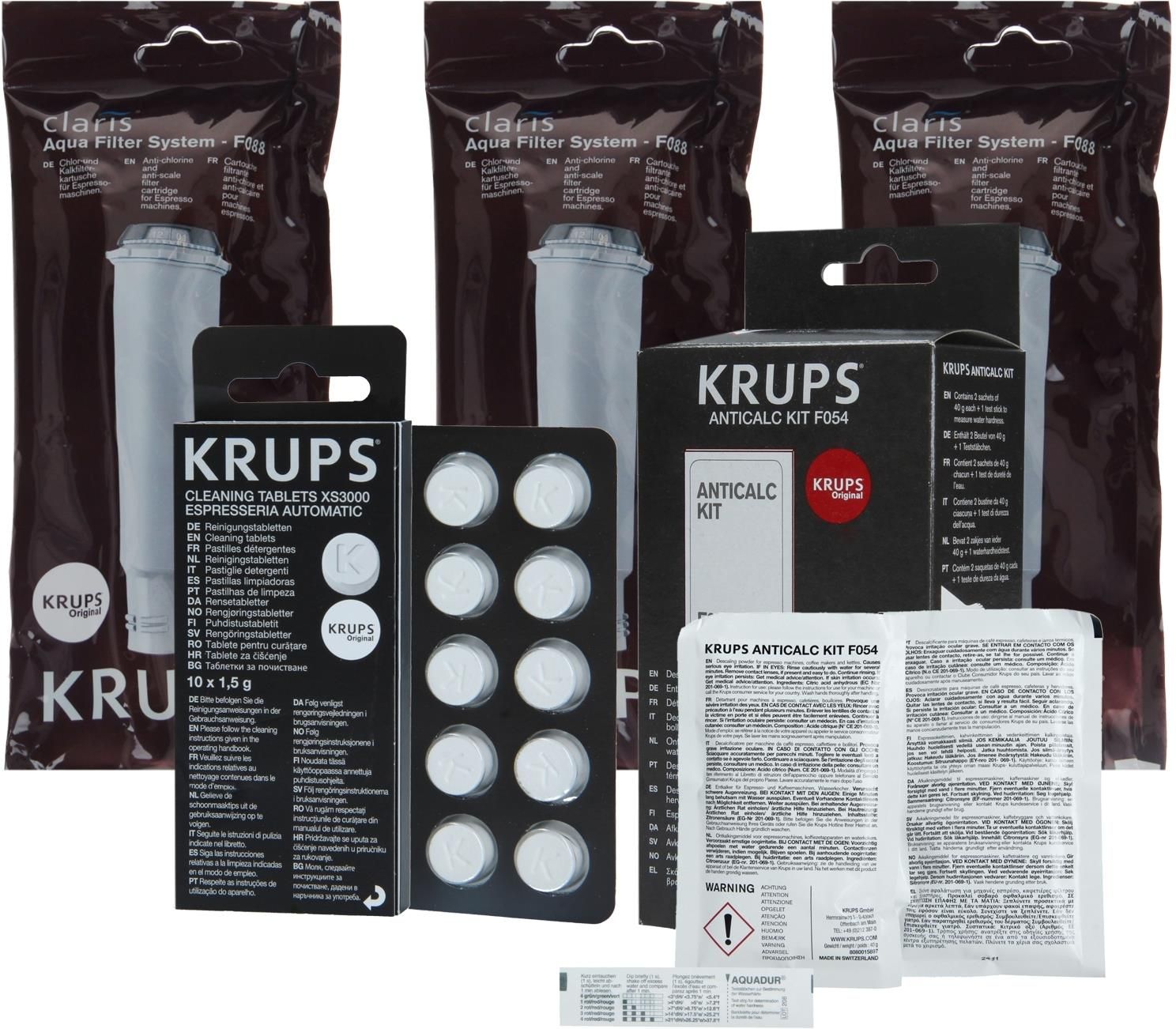 Krups 3 x Filtr Krups F088 + Odkamieniacz do ekspresów ciśnieniowych Krups F054 + Tabletki ...